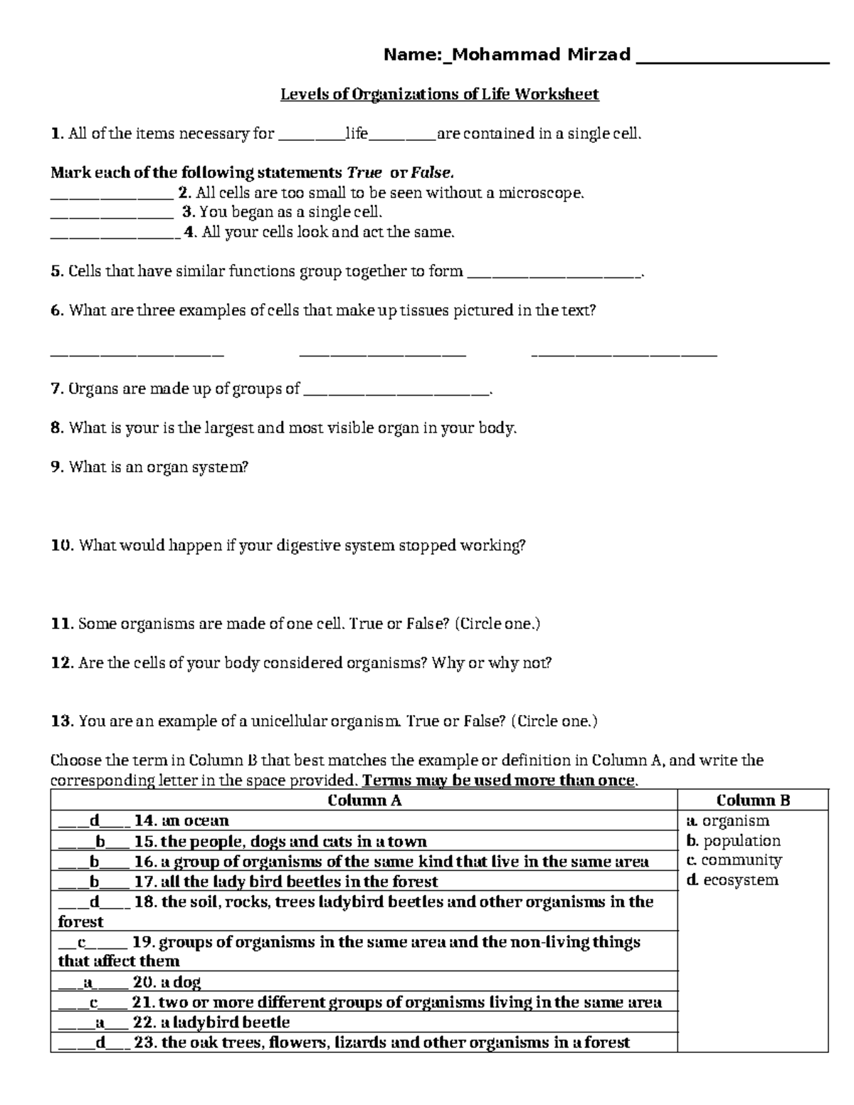 Levels of Organizations of Life Worksheet 2024 - Name:_Mohammad Mirzad