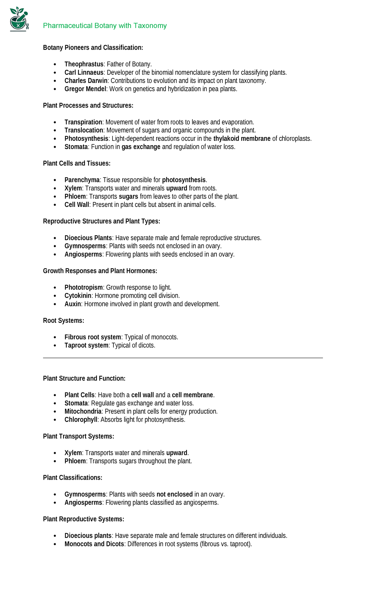 Botany -Notes - Pharmaceutical Botany with Taxonomy Botany Pioneers and ...
