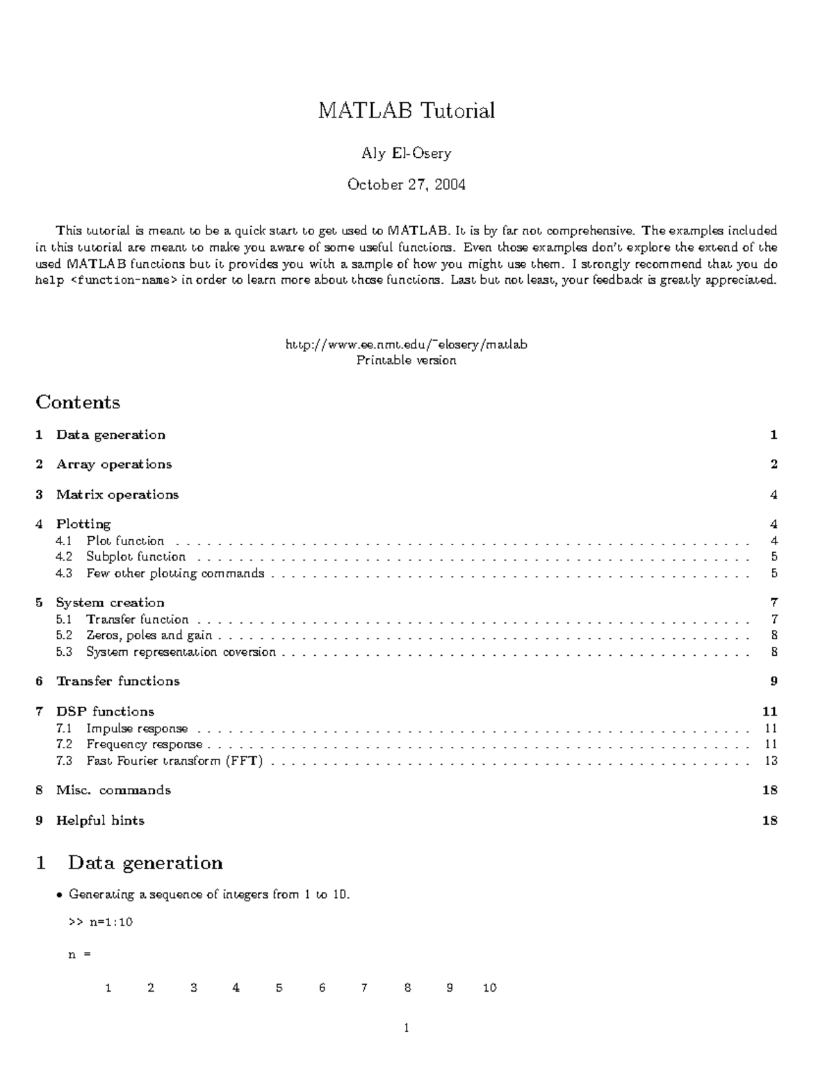 Matlab.pdf execllent - no description - MATLAB Tutorial Aly El-Osery October 27, 2004 This ...