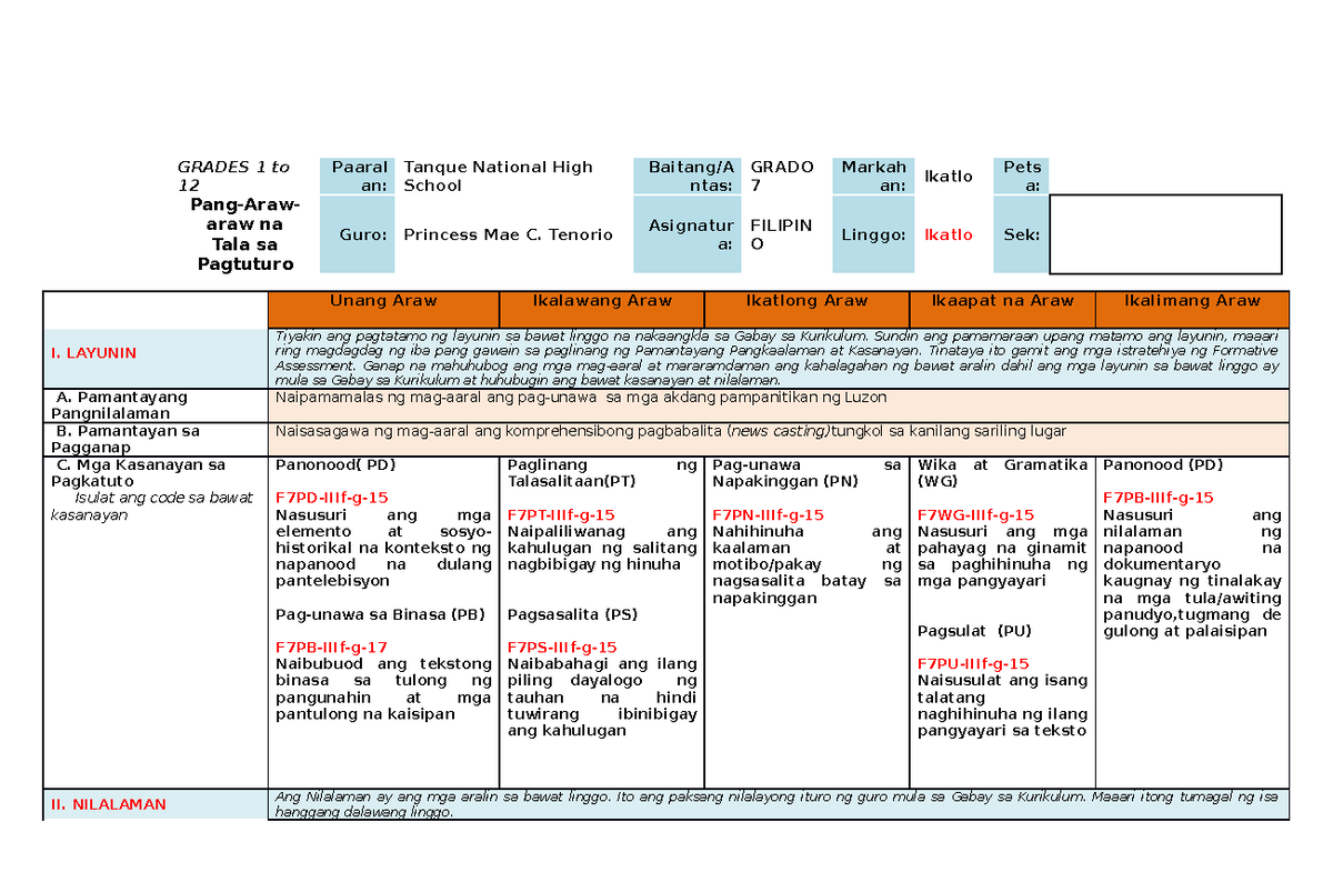 Aralin 3 - Daily Lesson Log sa Filipino 7 - GRADES 1 to 12 Pang-Araw ...