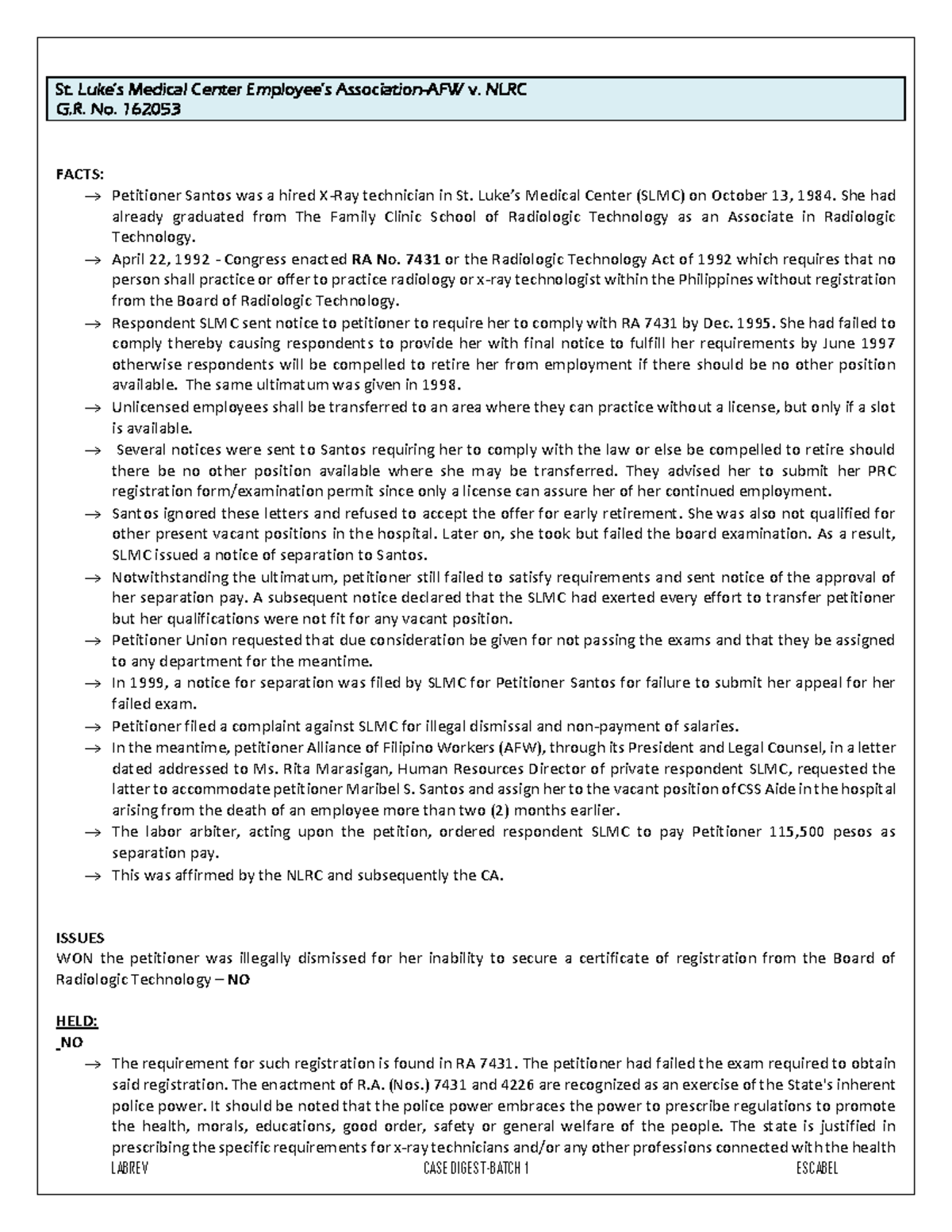 St. Lukes vs NLRC - labor case - LABREV CASE DIGEST-BATCH 1 ESCABEL St ...