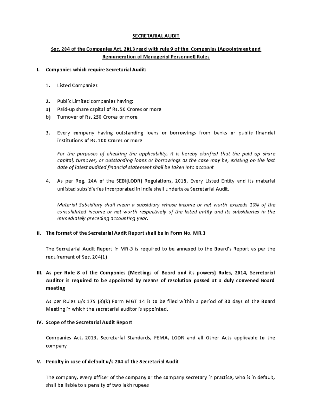 Secretarial Audit-A Brief - SECRETARIAL AUDIT Sec. 204 of the Companies ...