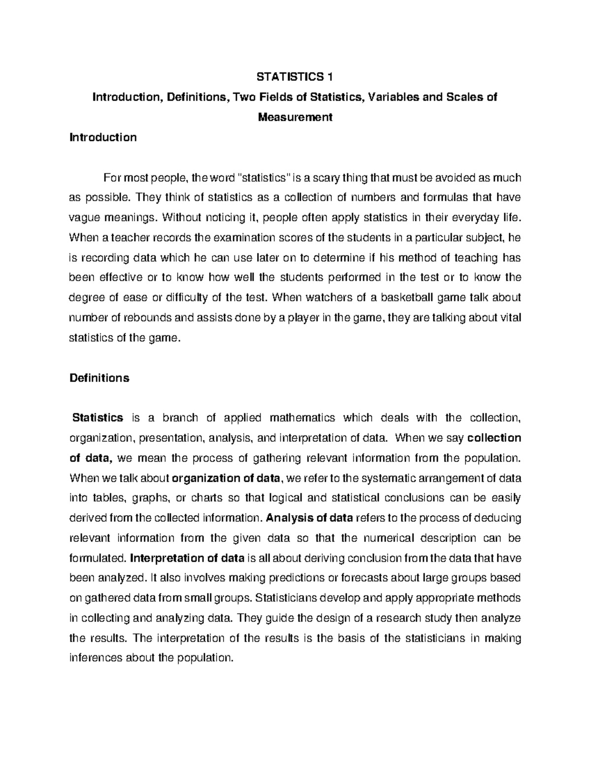 STAT 1 Introduction to Statistics - STATISTICS 1 Introduction ...