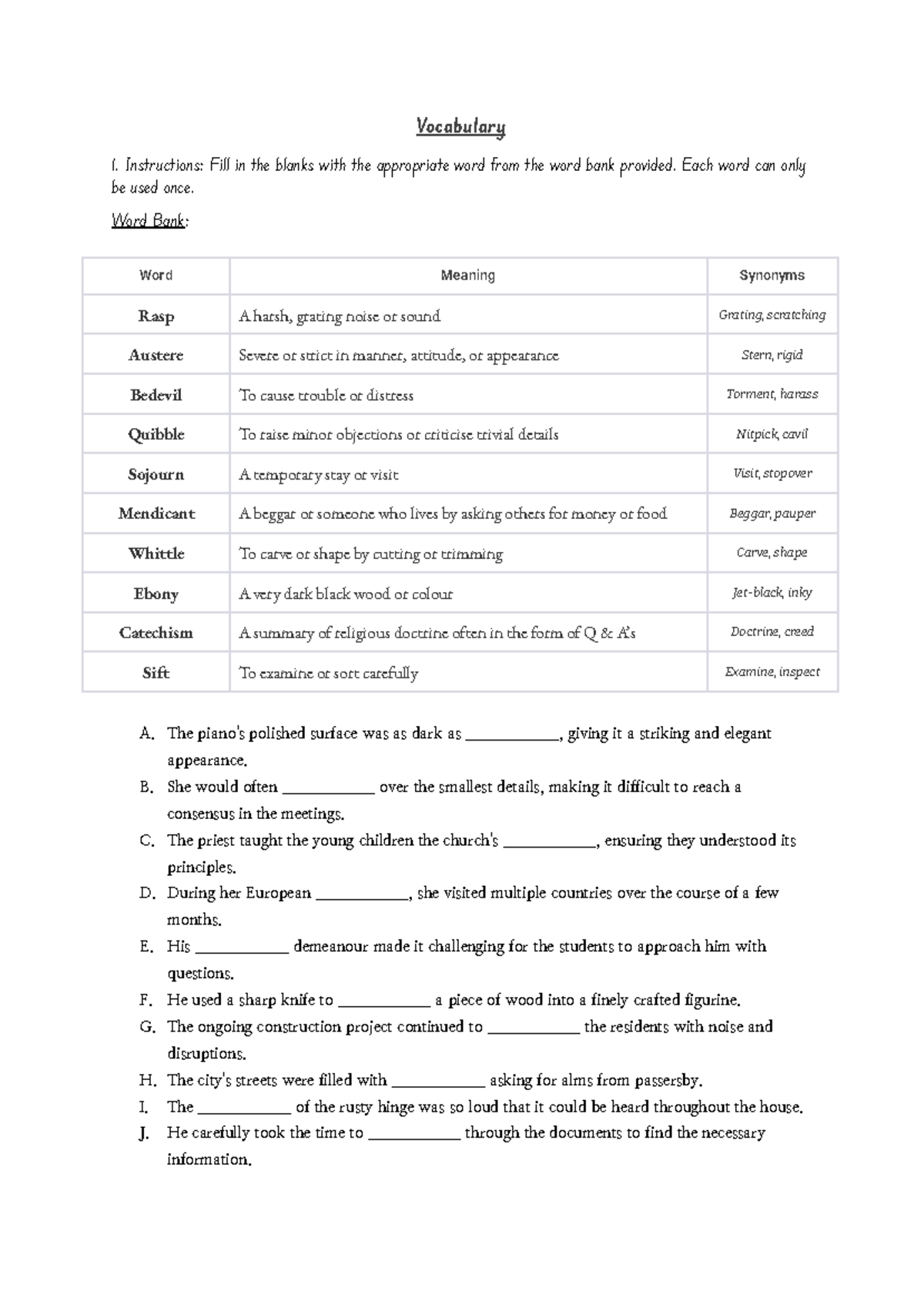 Apr 3 - HW Year 9 10 - Classwork - Vocabulary 1. Instructions: Fill in ...