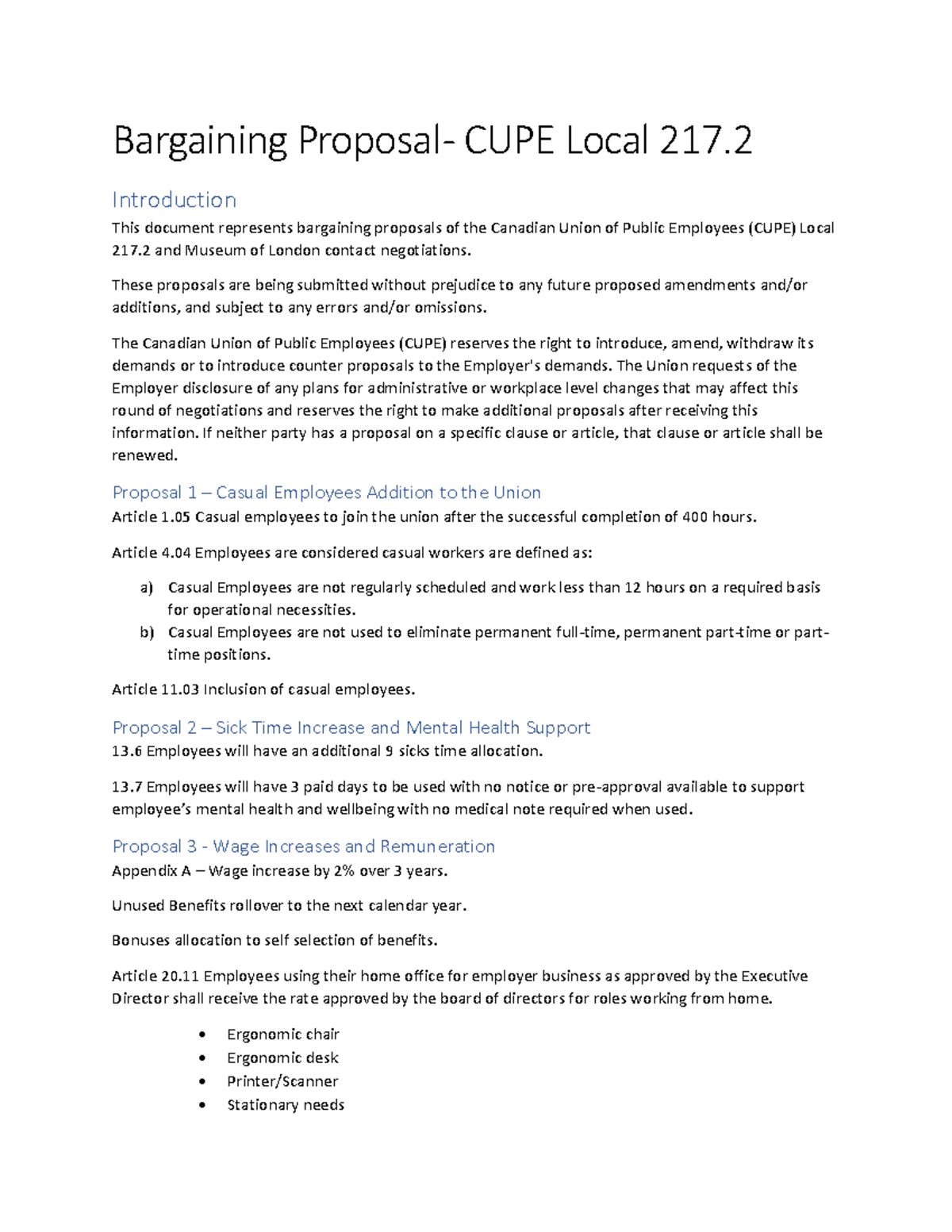 Bargaining Proposal CUPE Local 217 - Bargaining PropoƐal Ͳ CUPE Local ...