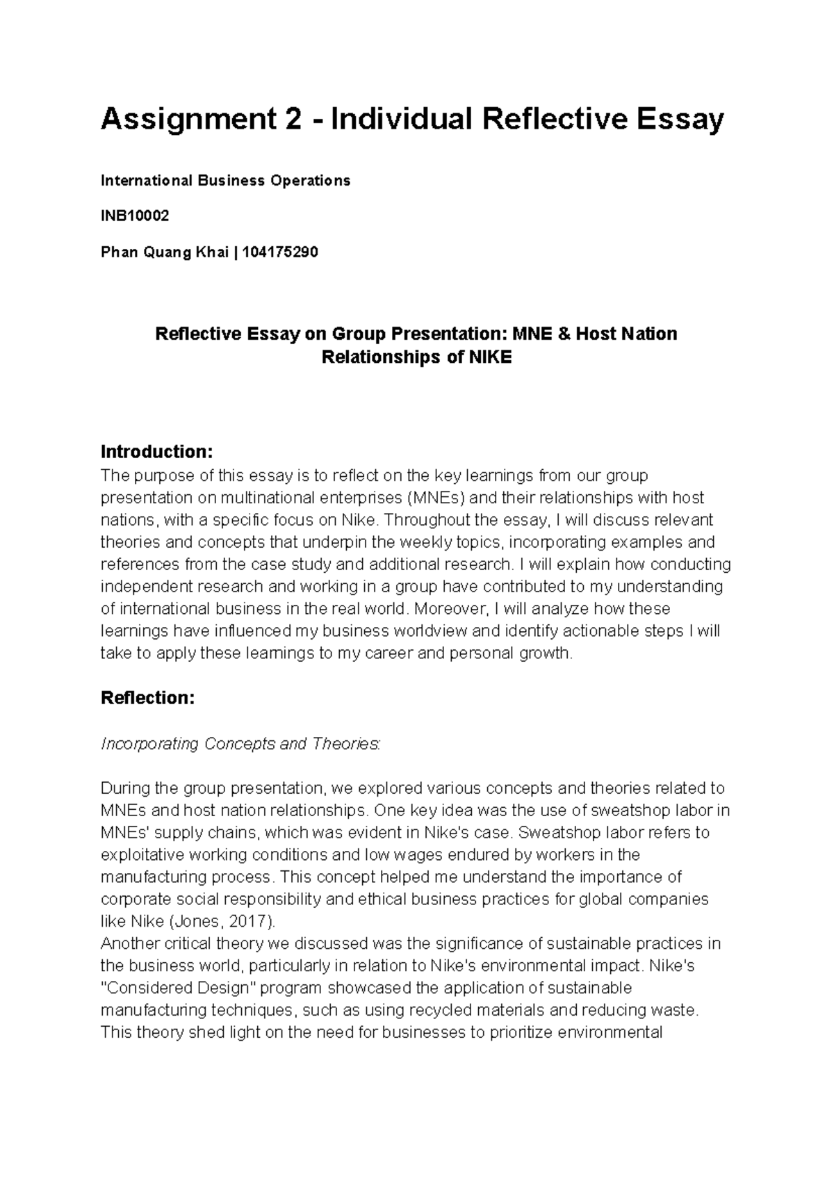 Assignment 2 - Individual Reflective Essay - Throughout the essay, I ...