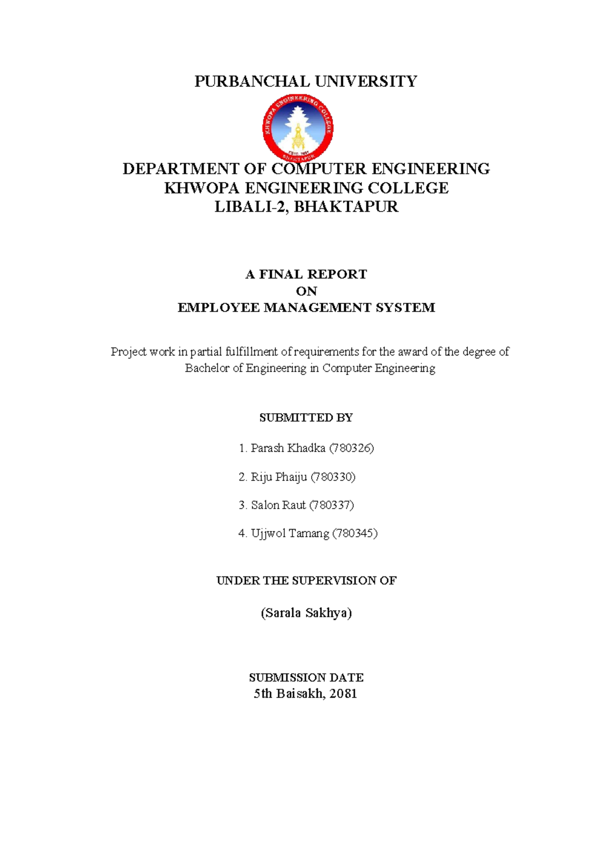DBMS Final report - PURBANCHAL UNIVERSITY DEPARTMENT OF COMPUTER ENGINEERING KHWOPA ENGINEERING ...