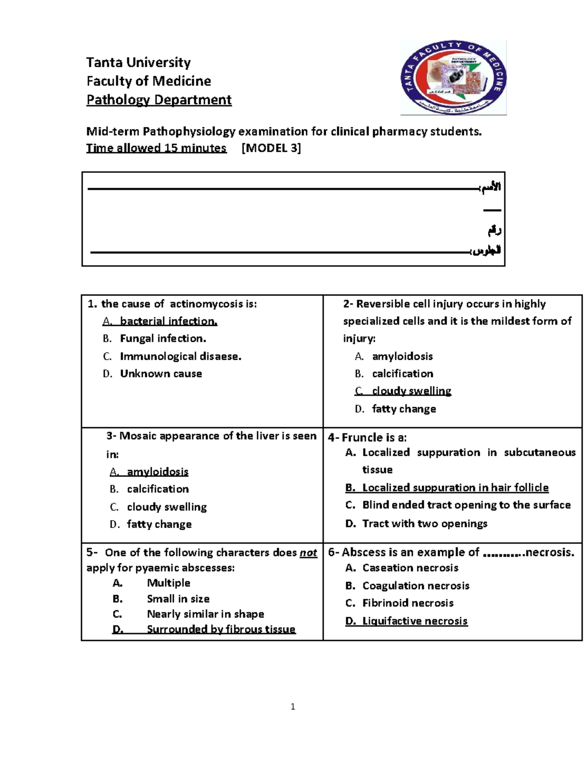 Pathology new exam with answers - Tanta University Faculty of Medicine ...