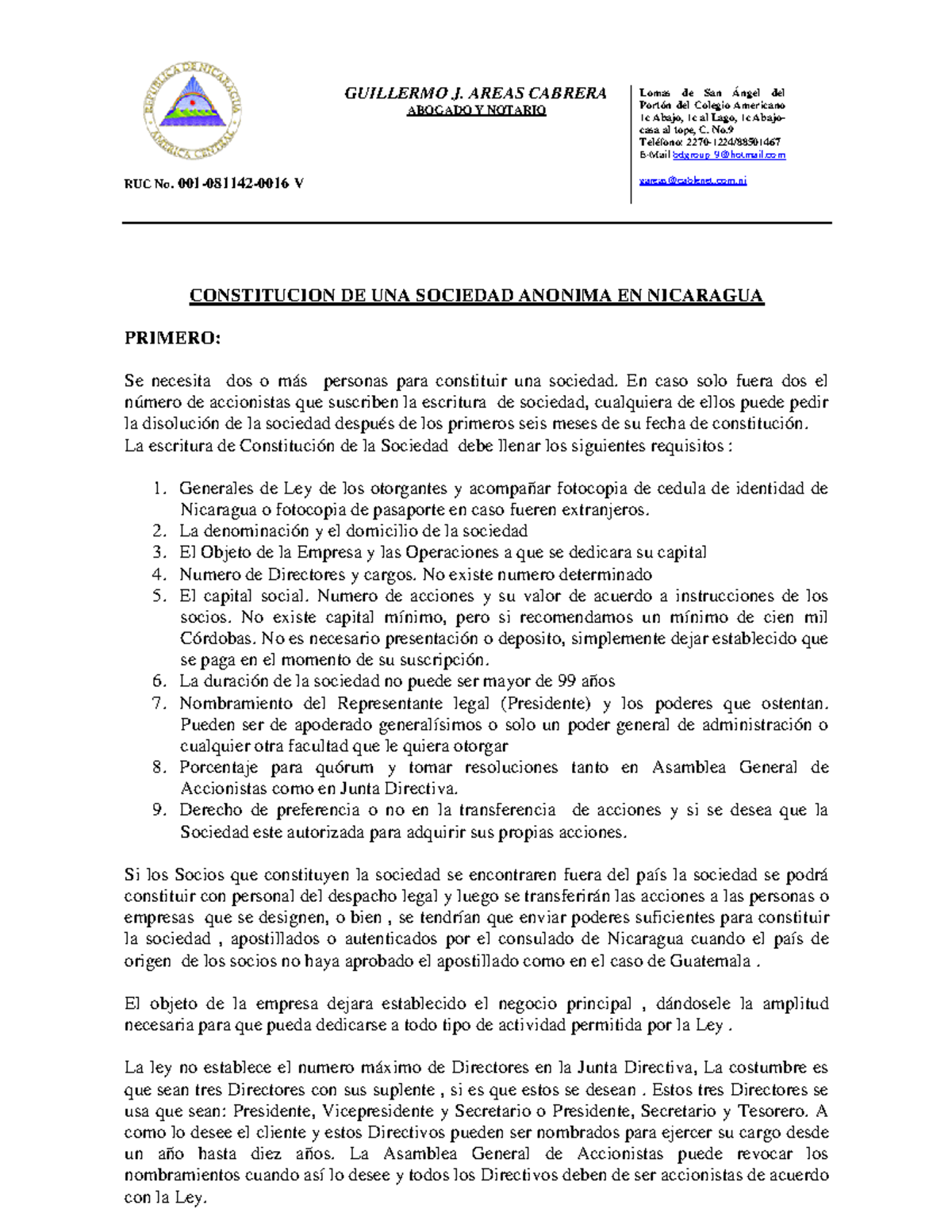 Constitucion de Sociedad Anonima en Nic version corta - GUILLERMO J. AREAS CABRERA ABOGADO Y ...