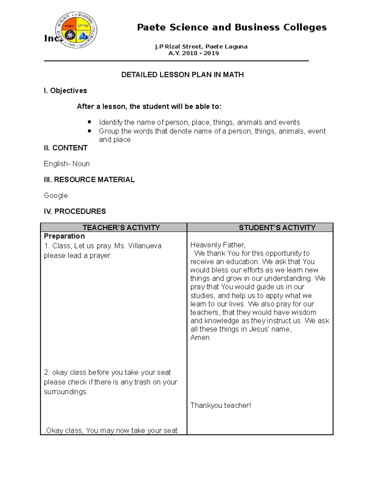 Ramilo- NOUN - zhSf - Inc. J Rizal Street, Paete Laguna A. 2018 - 2019 ...