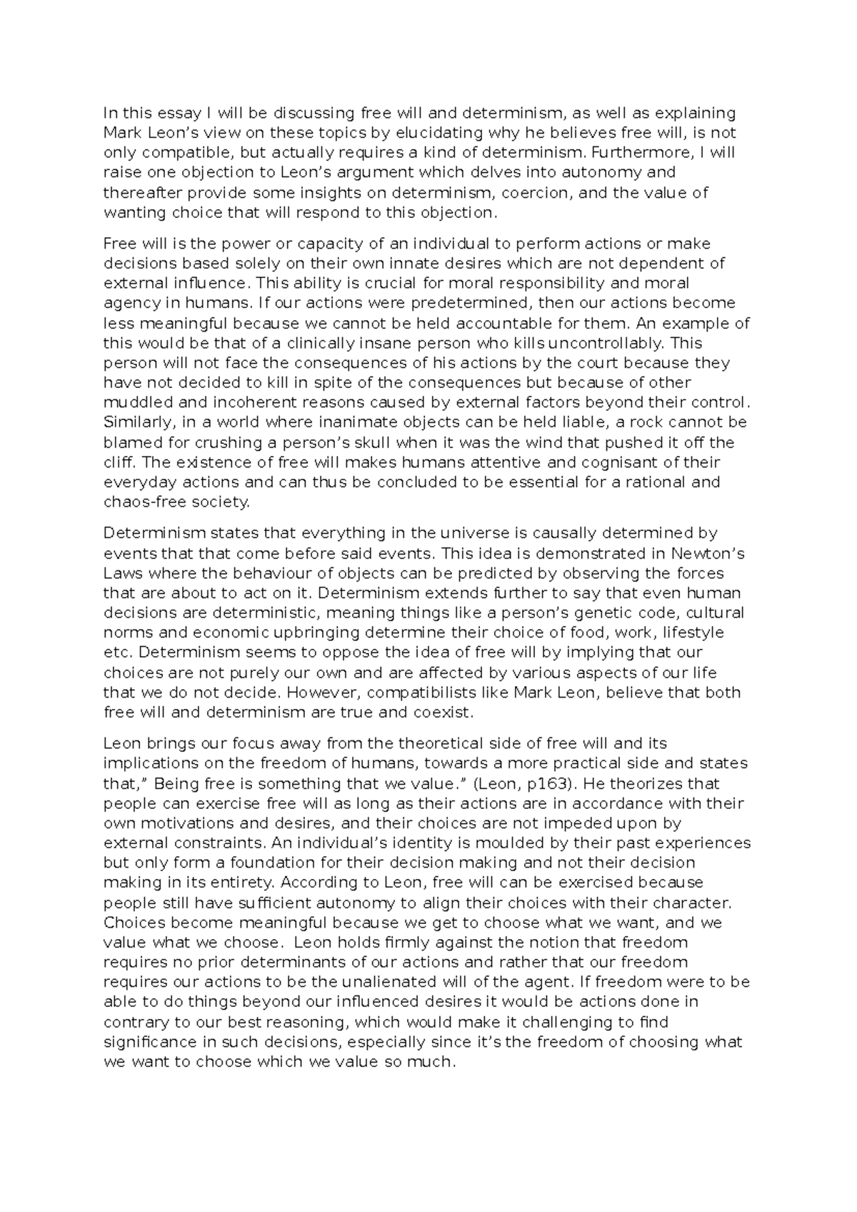Psychology Essay - In this essay I will be discussing free will and ...
