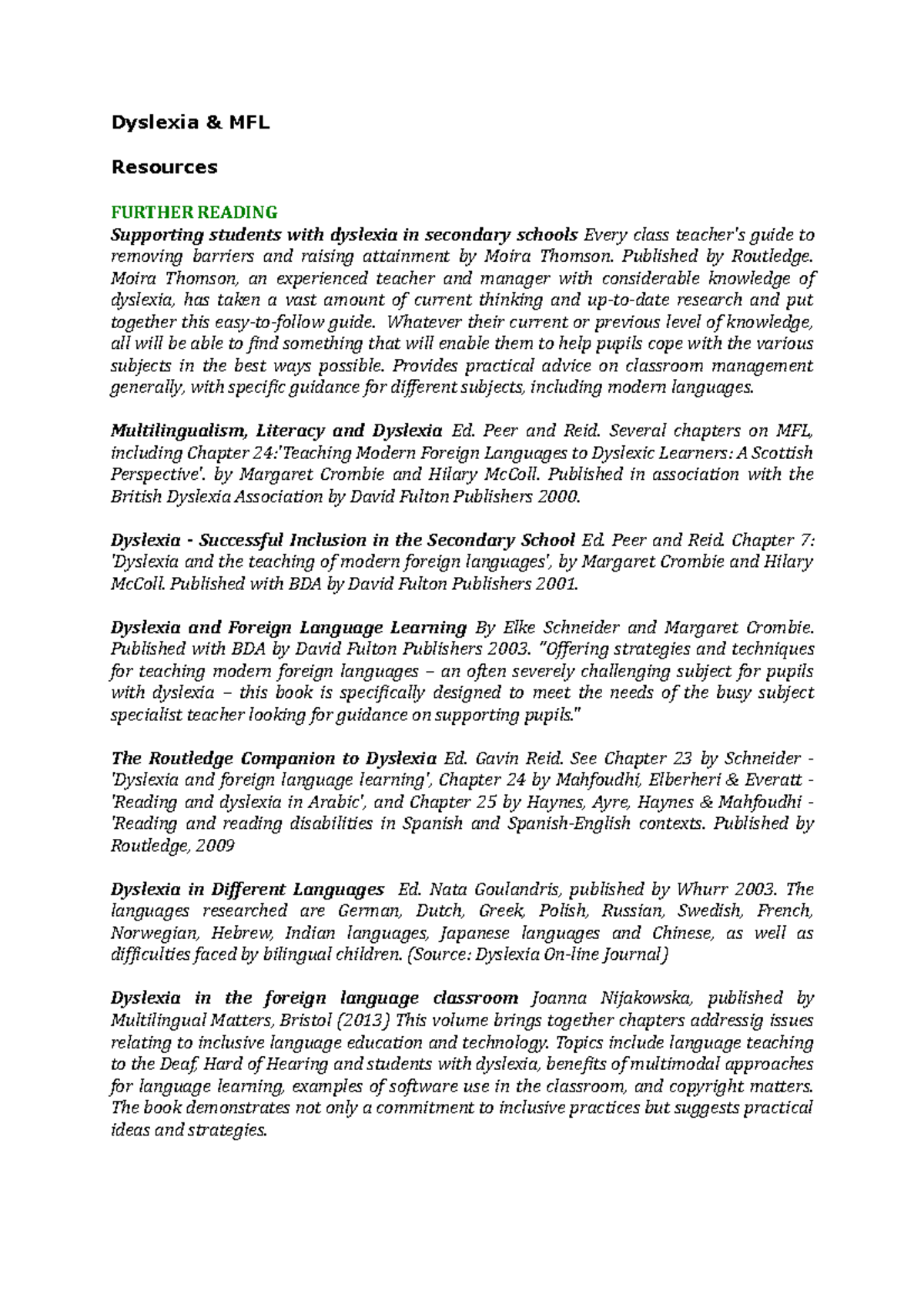 Dyslexia And MFL Dyslexia MFL Resources FURTHER READING Supporting dyslexia-and-mfl-dyslexia-mfl-resources-further-reading-supporting