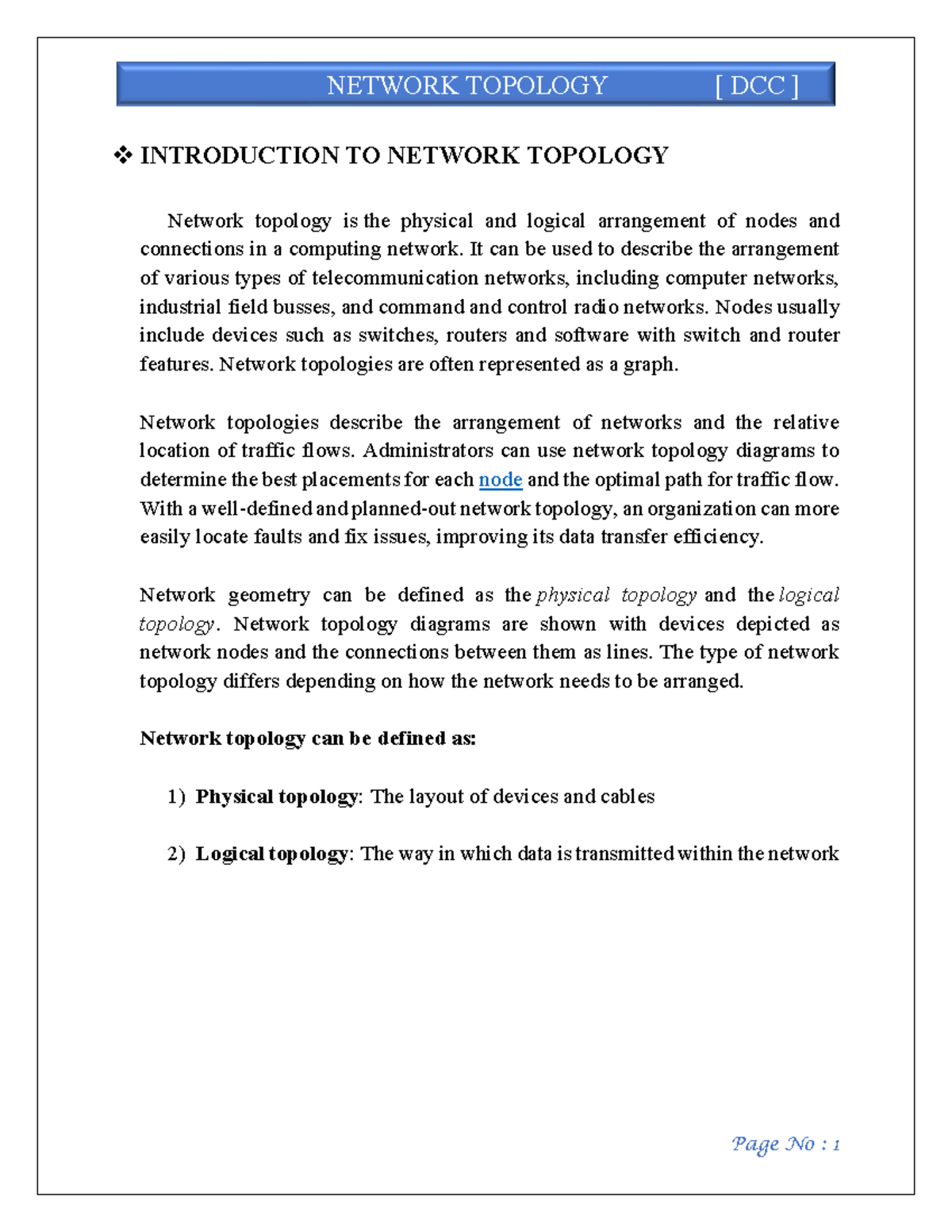 Final DCC MP-1 - Project - INTRODUCTION TO NETWORK TOPOLOGY Network topology is the physical and ...