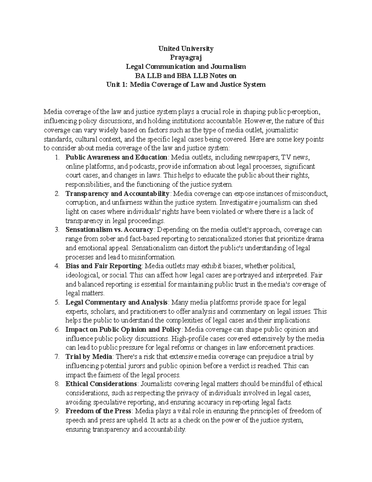 Legal Journalism Unit 1 - United University Prayagraj Legal ...