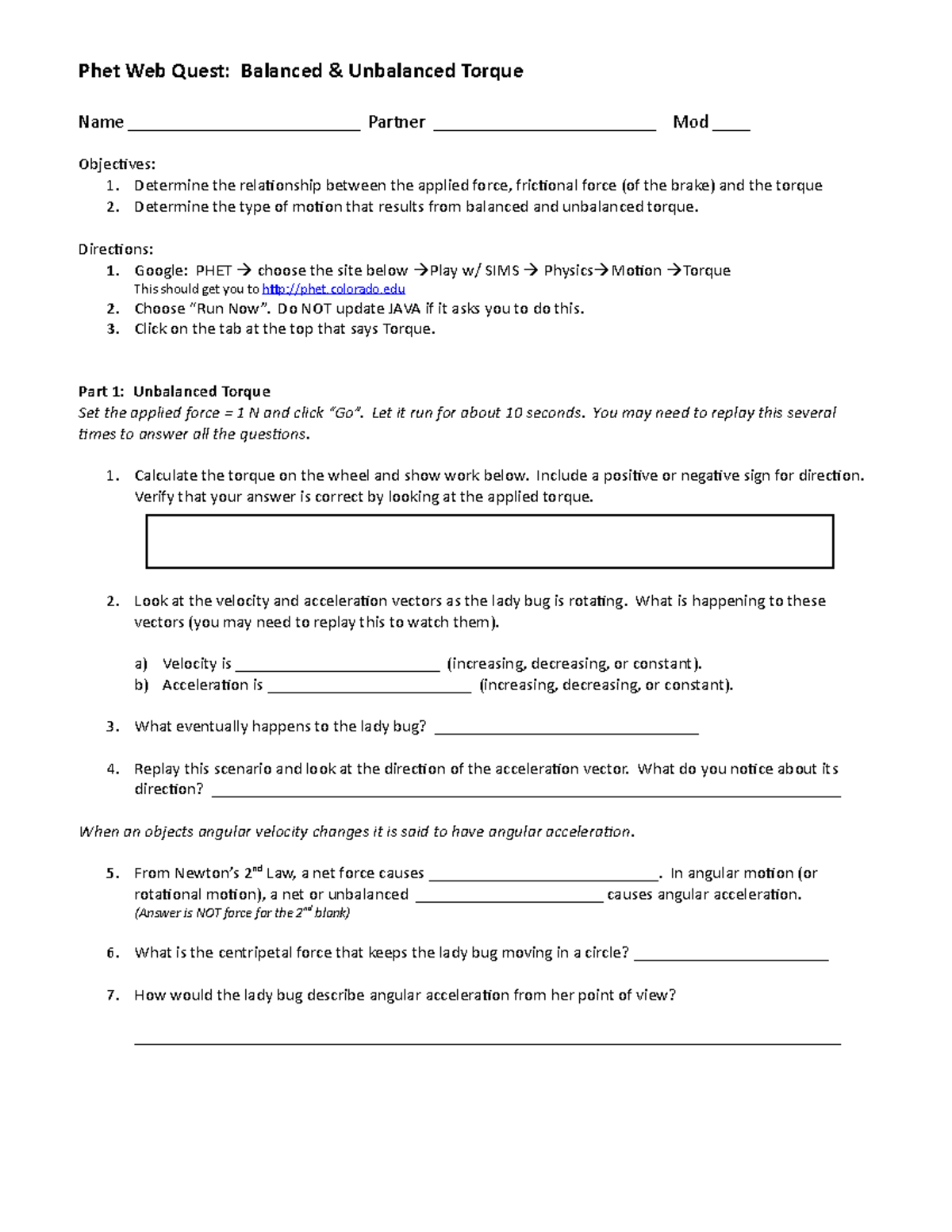 Phet+Torque+Web Quest - Phet Web Quest: Balanced & Unbalanced Torque ...