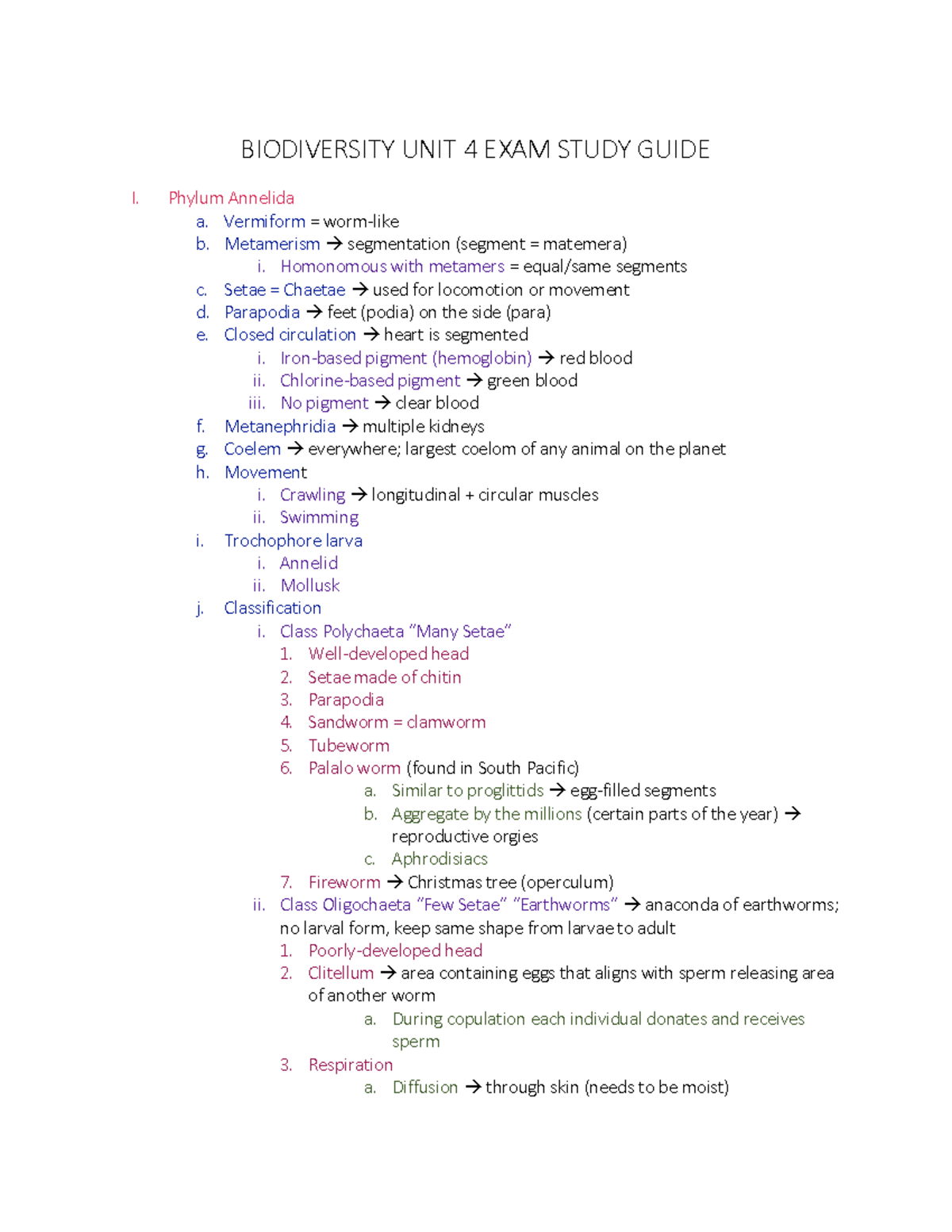 Biodiversity Unit 4 Exam Study Guide - BIODIVERSITY UNIT 4 EXAM STUDY GUIDE I. Phylum Annelida a ...