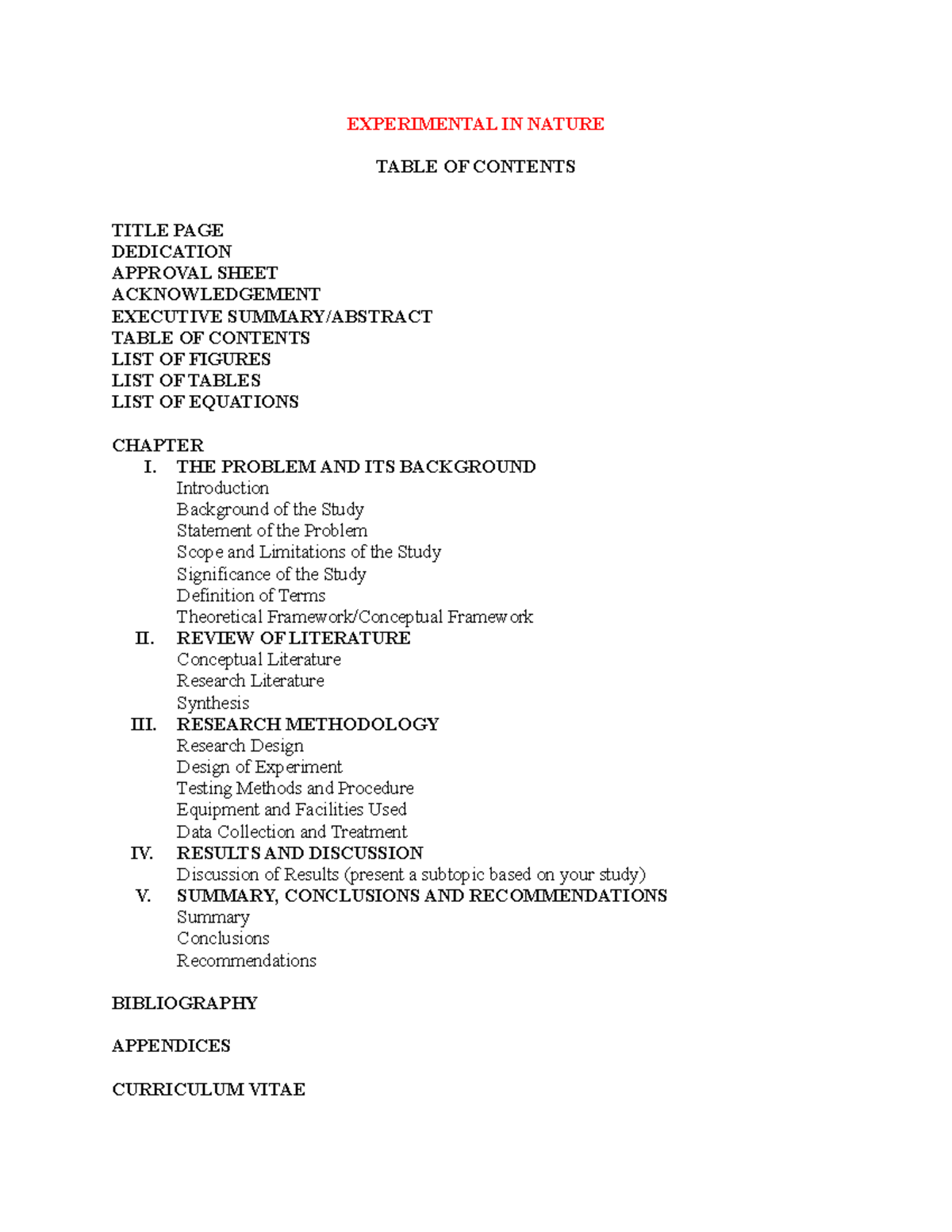 Outline - EXPERIMENTAL IN NATURE TABLE OF CONTENTS TITLE PAGE ...