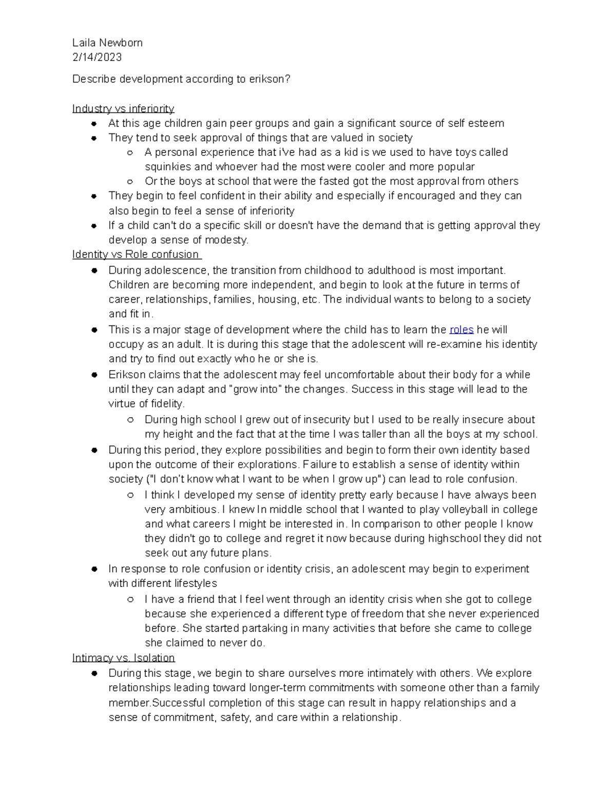 Psychology 2 14 - essay questions - Laila Newborn 2/14/ Describe ...