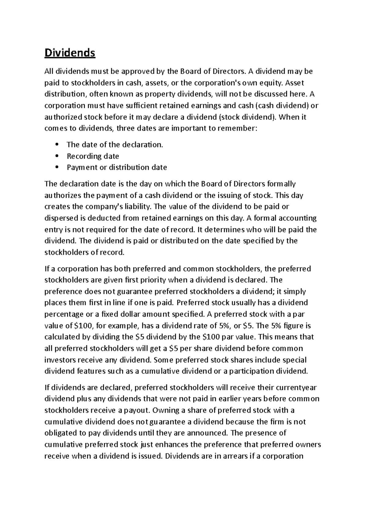 Dividends - Accounting Principles Notes - Dividends All dividends must ...