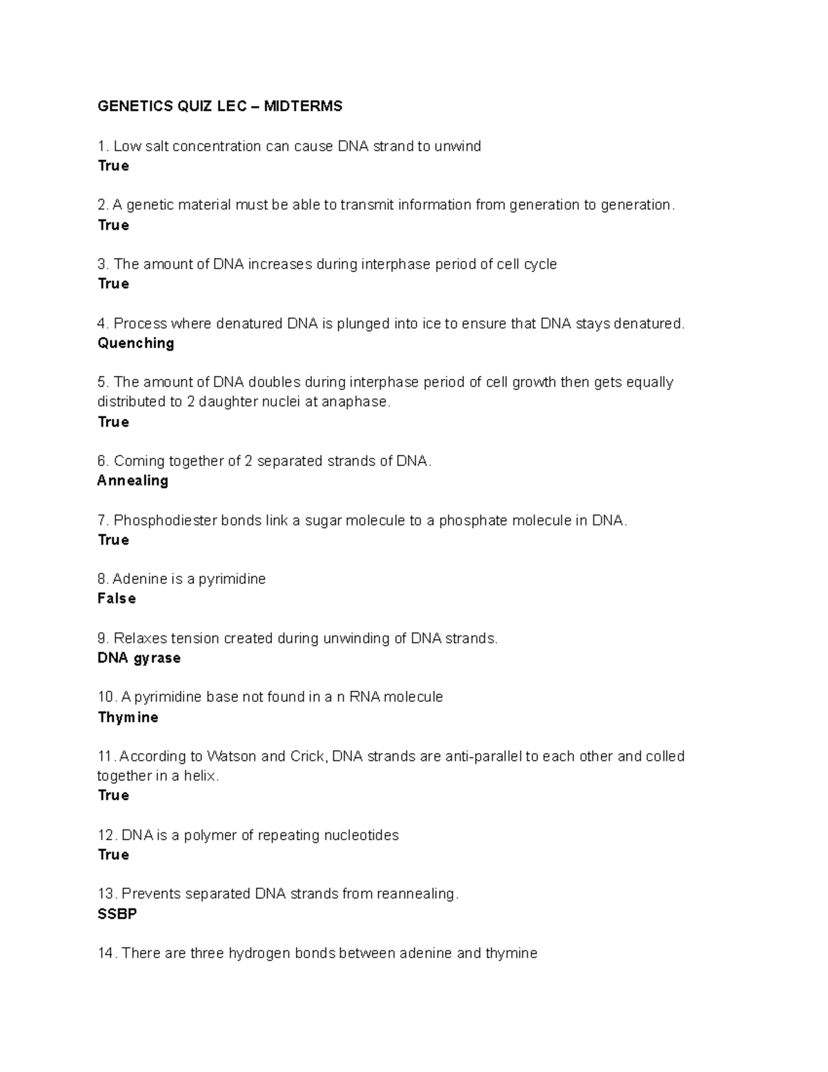 Genetics-LECT- Quizzes Midterms - GENETICS QUIZ LEC – MIDTERMS Low salt ...