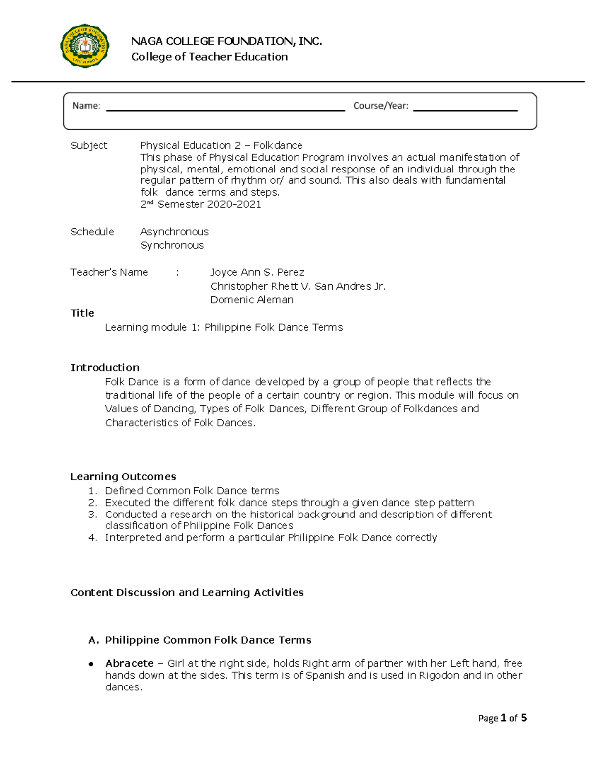 Learning Module 2 Common Dance Terms - College of Teacher Education ...