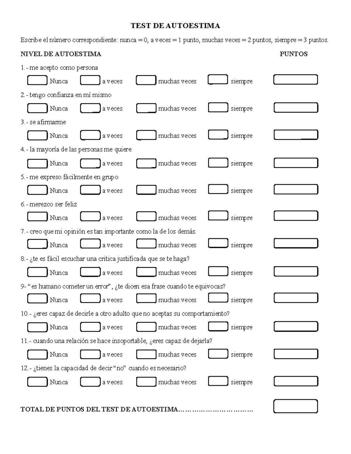 TEST DE Autoestima - TEST DE AUTOESTIMA Escribe el número ...