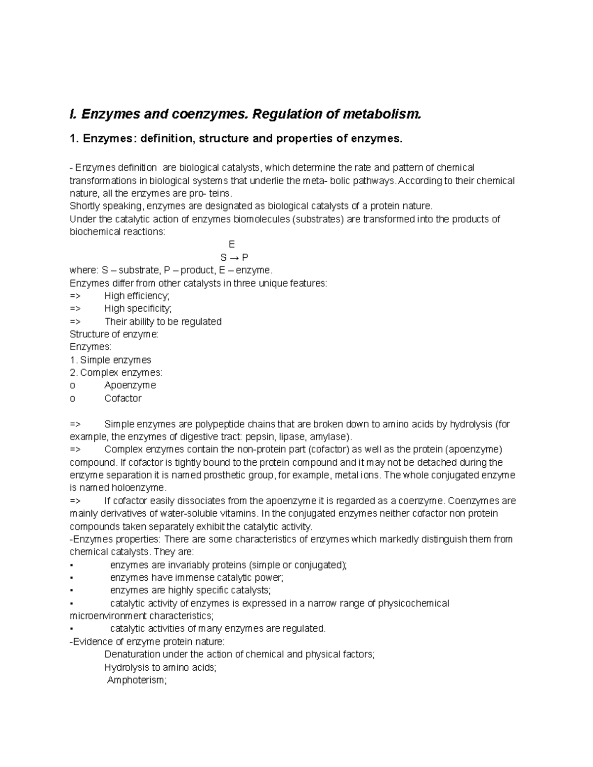 Biochemistry Final Exam - I. Enzymes and coenzymes. Regulation of ...
