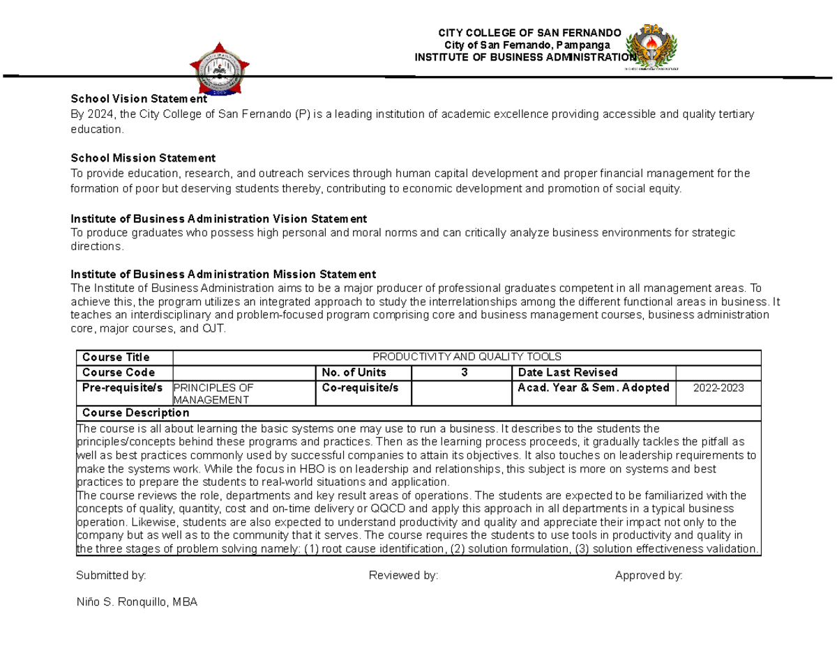 Productivity and Quality Tools Syllabus - City of San Fernando ...