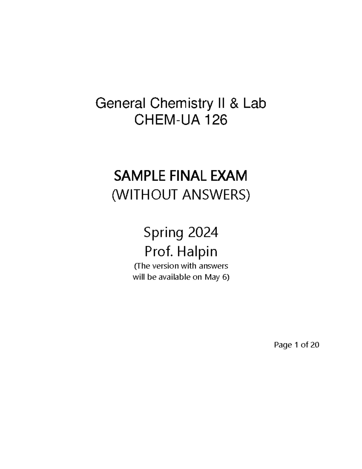 GCII Sample Final Exam Packet (without answers) - CHEMUA126 - General ...