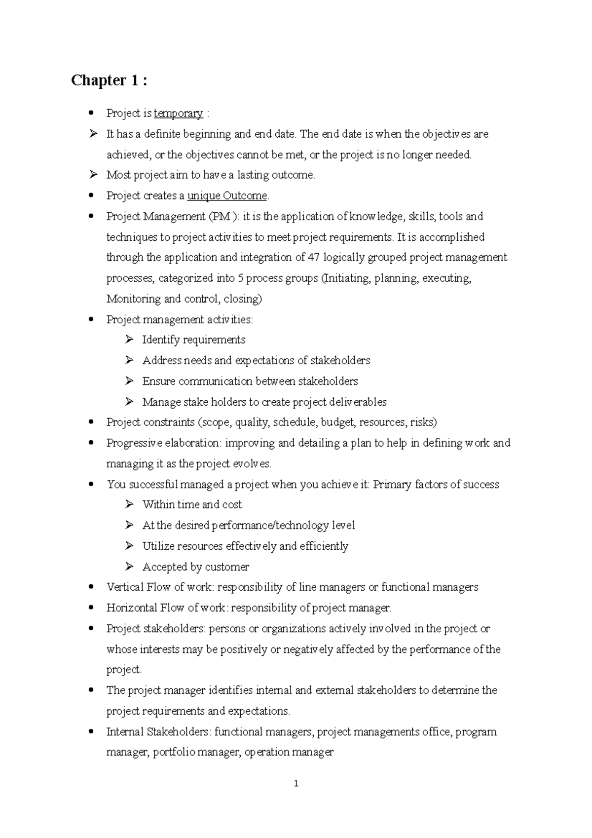 Project mana all chap - Chapter 1 : Project is temporary : It has a ...