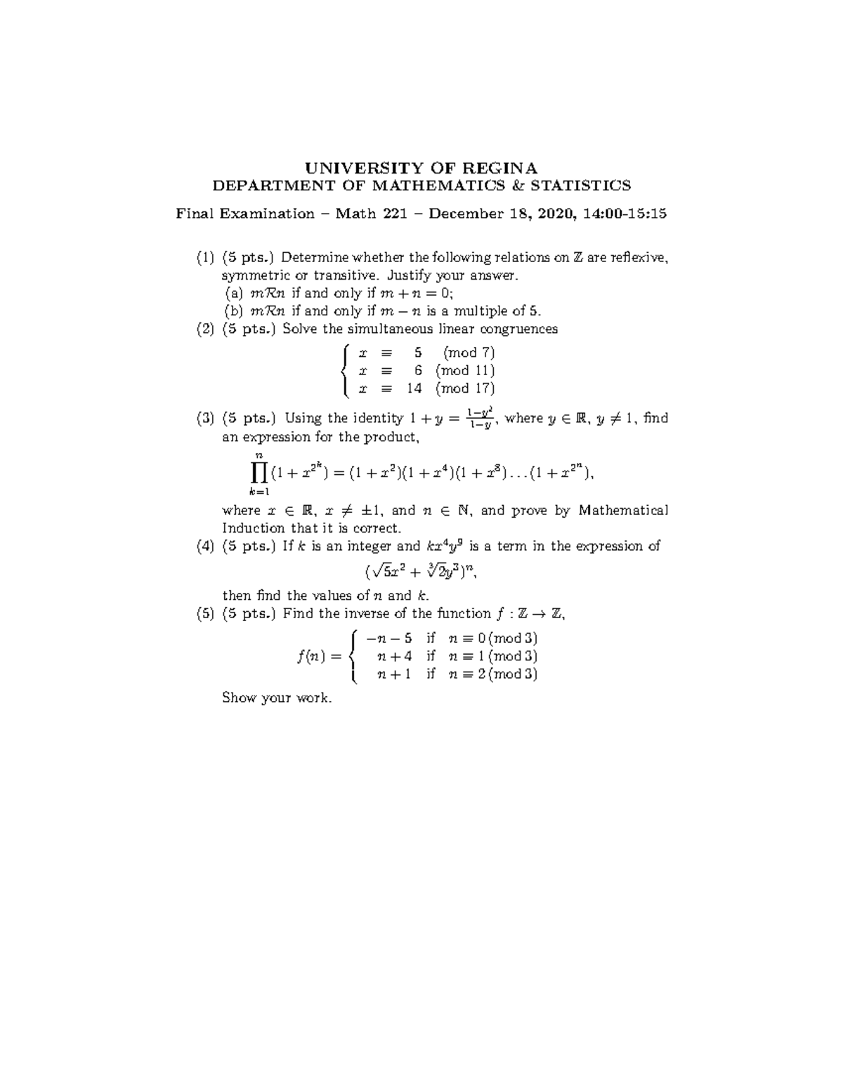 Fall 2020 fianl exam - its past paper of Math 221 which is most useful ...
