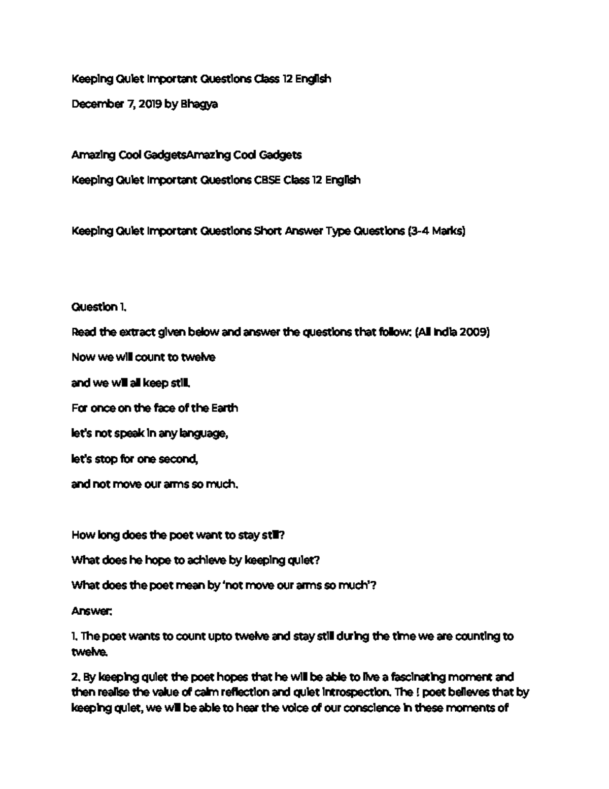 Keeping Quiet I-WPS Office - Keeping Quiet Important Questions Class 12 ...