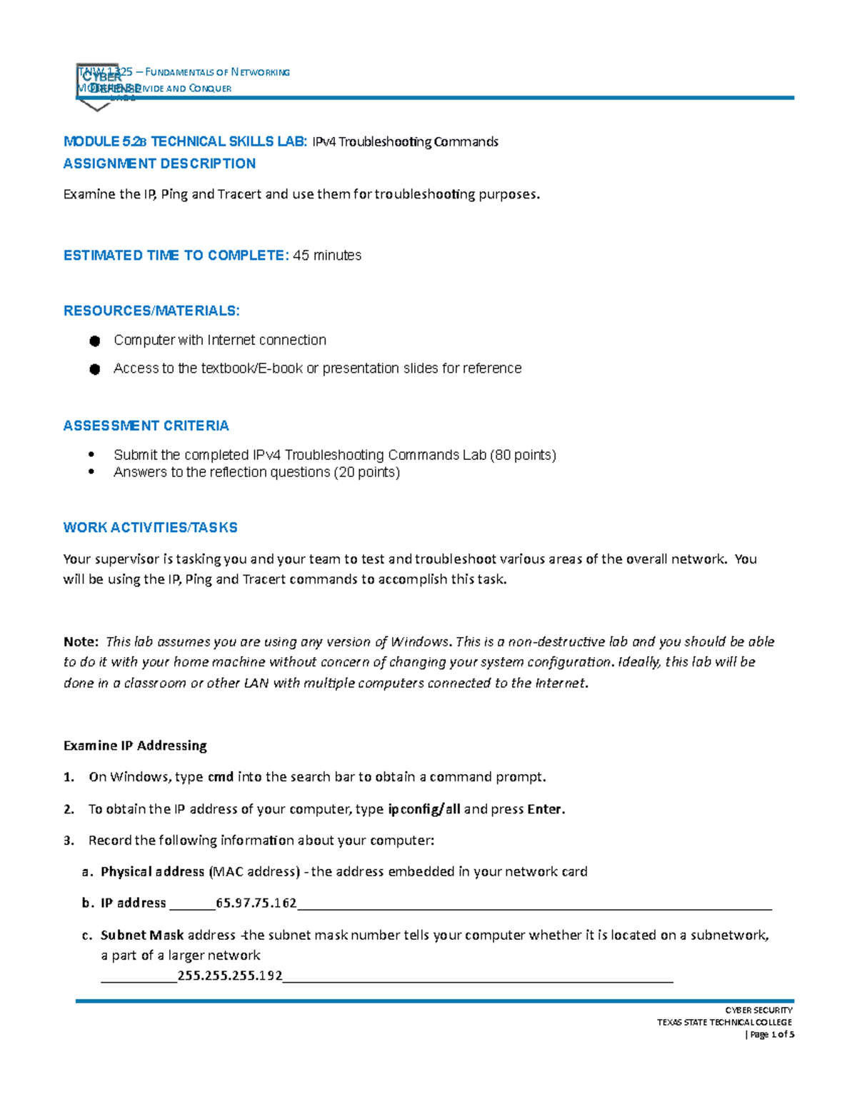 IPv4 Troubleshooting Commands ZF - MODULE 5 DIVIDE AND CONQUER MODULE 5 TECHNICAL SKILLS LAB ...