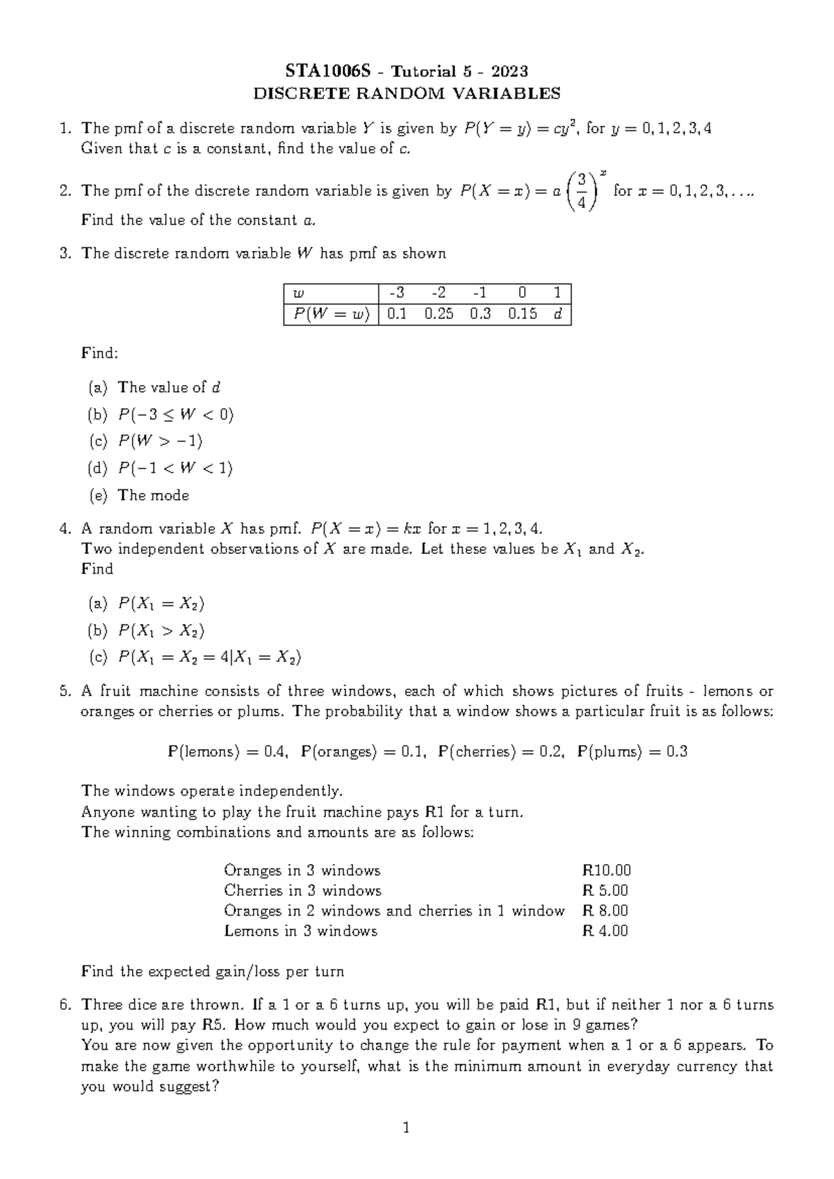 Tutorial 5 - Discrete Random Variables 2023 - STA1006S - Tutorial 5 - 2023 DISCRETE RANDOM ...