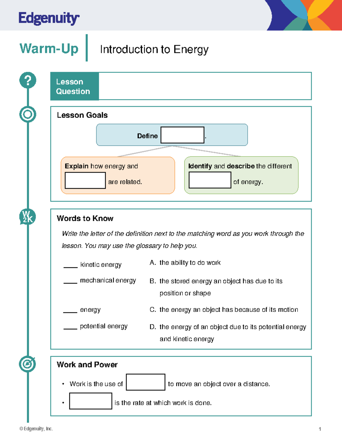 Energy Notes - Warm-Up Lesson Question Lesson Goals ? Introduction to ...