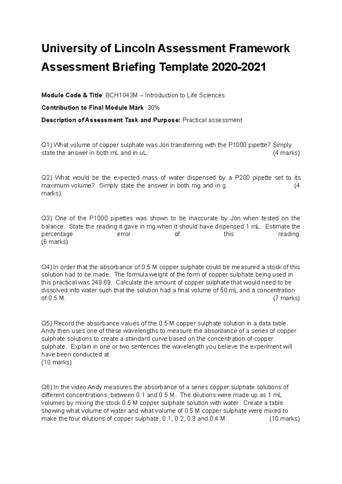 Biochemistry Practice Exam - University of Lincoln Assessment Framework ...