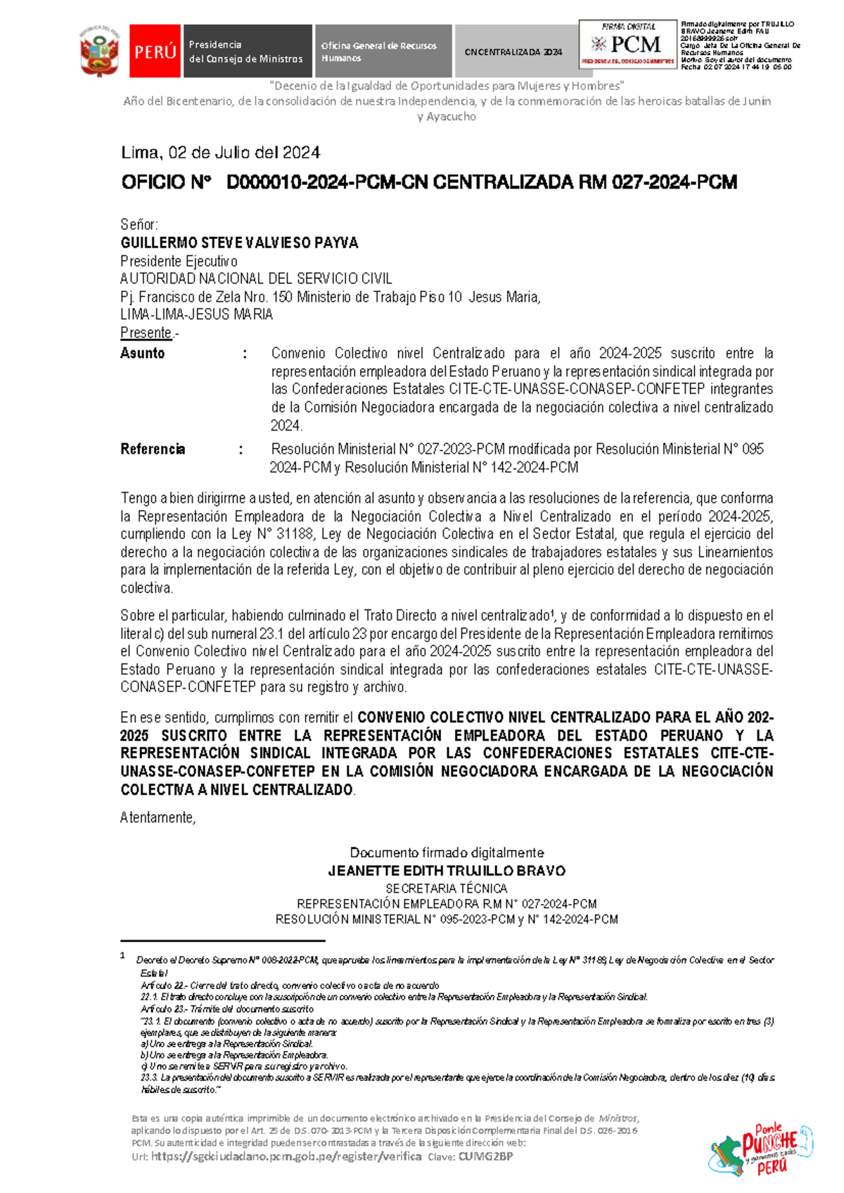Oficio Convenio Colectivo nivel Centralizado para el año 2024-2025 - PERÚ Presidencia del ...