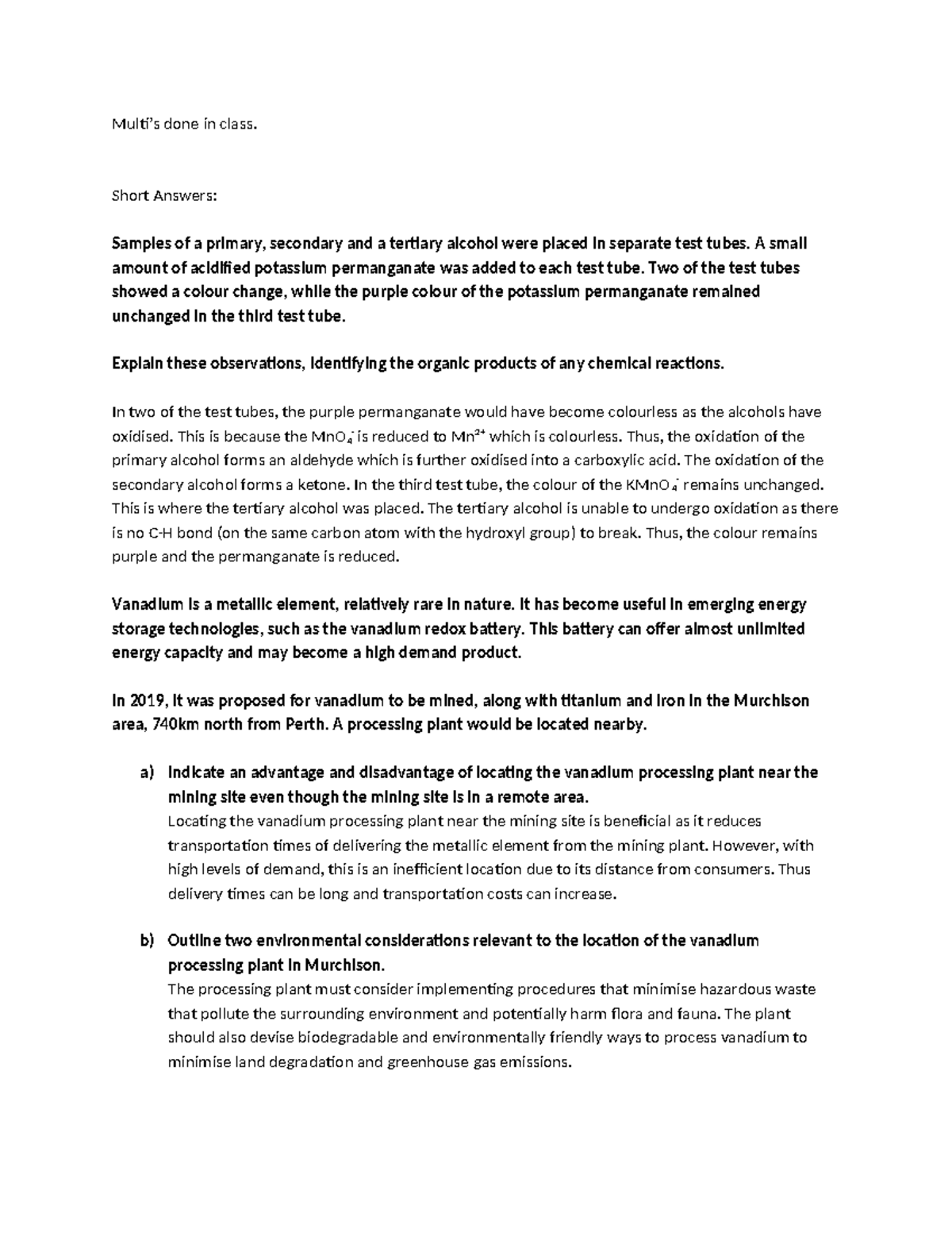 Class Practice Short Answer Questions - Multi’s done in class. Short ...