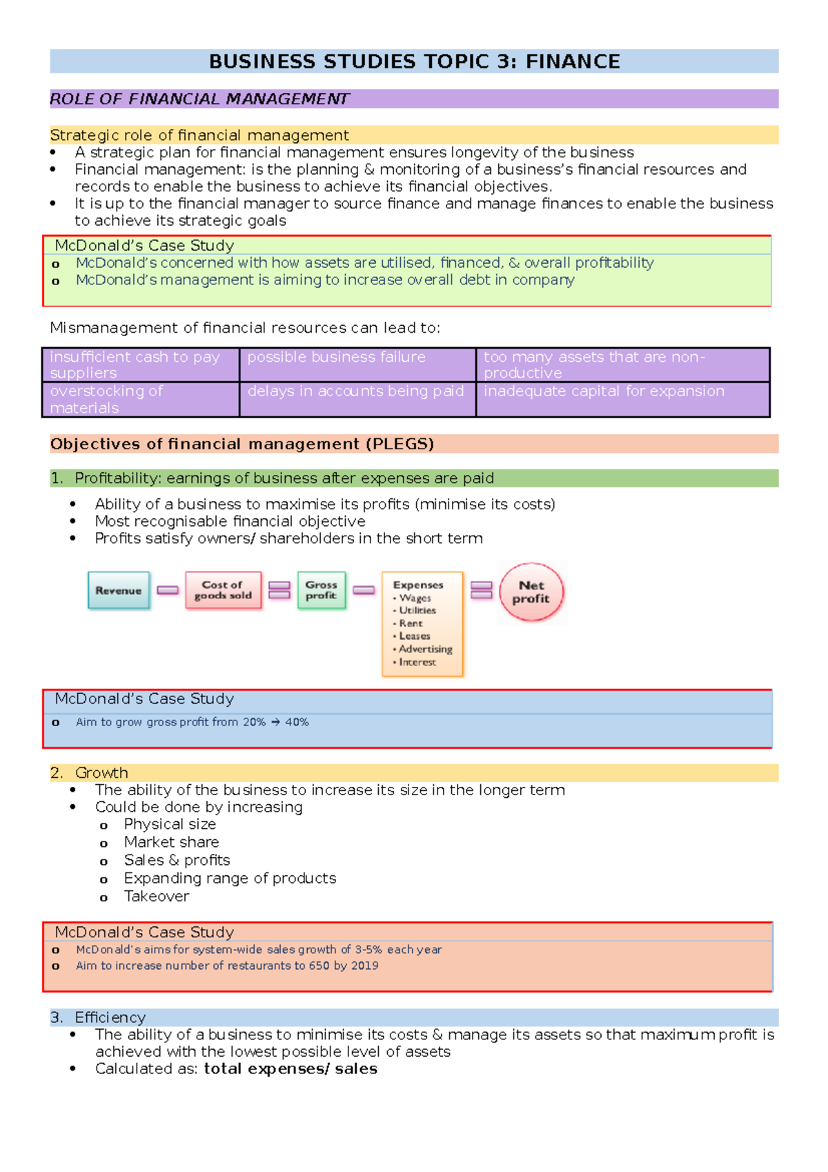 Business Studies Topic 3 - BUSINESS STUDIES TOPIC 3: FINANCE ROLE OF ...
