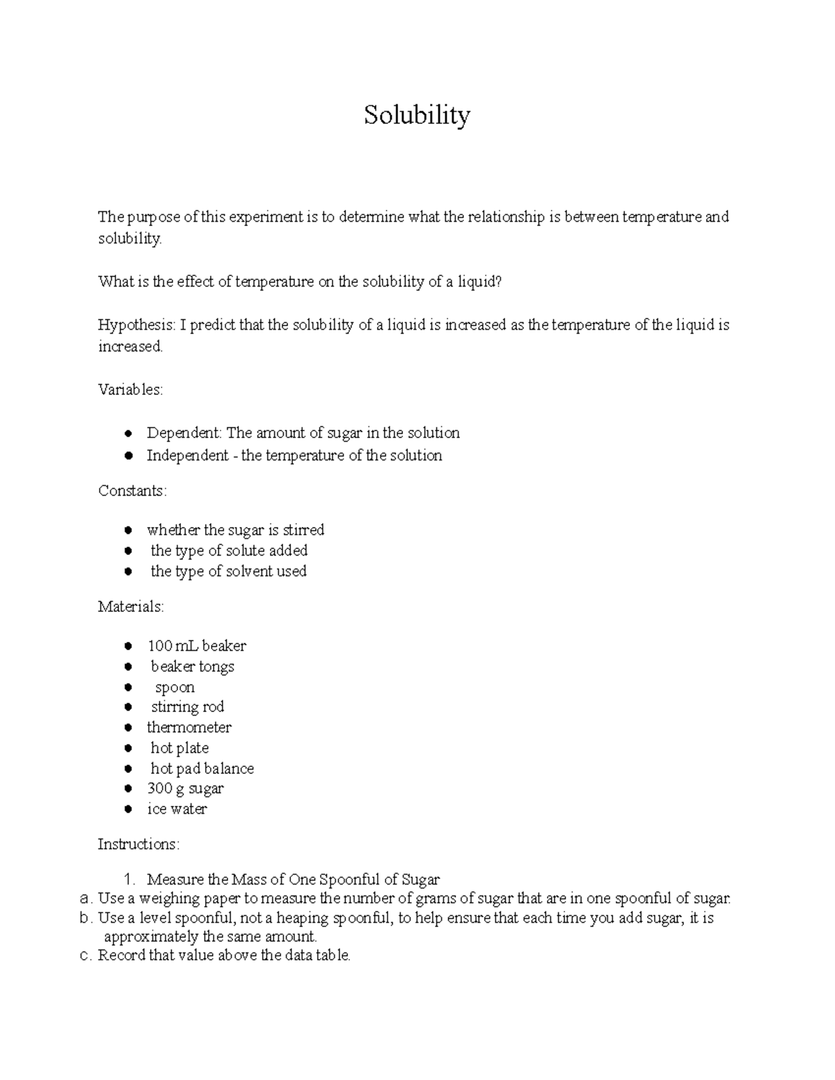 Lab Report - Daniel Ricolcol - Solubility The purpose of this ...