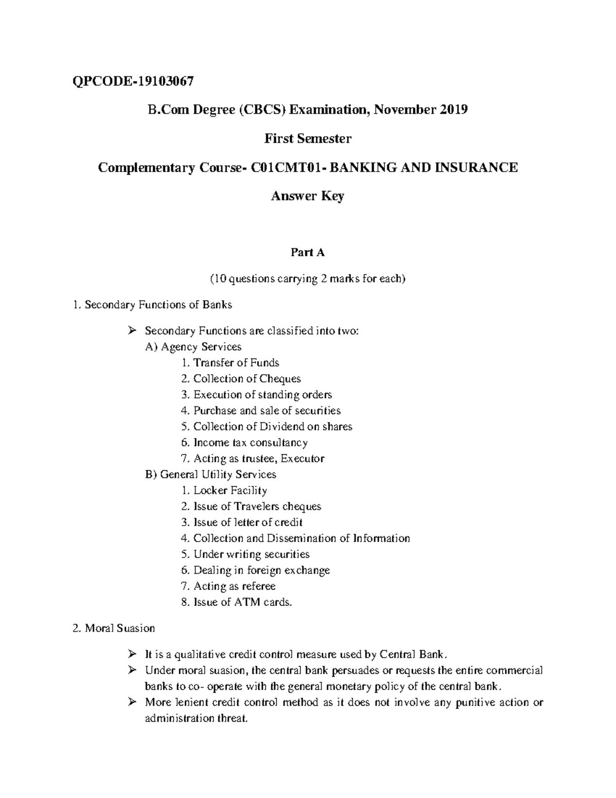 19103067 BNKG Insur ANSR KEY - QPCODE- B Degree (CBCS) Examination ...