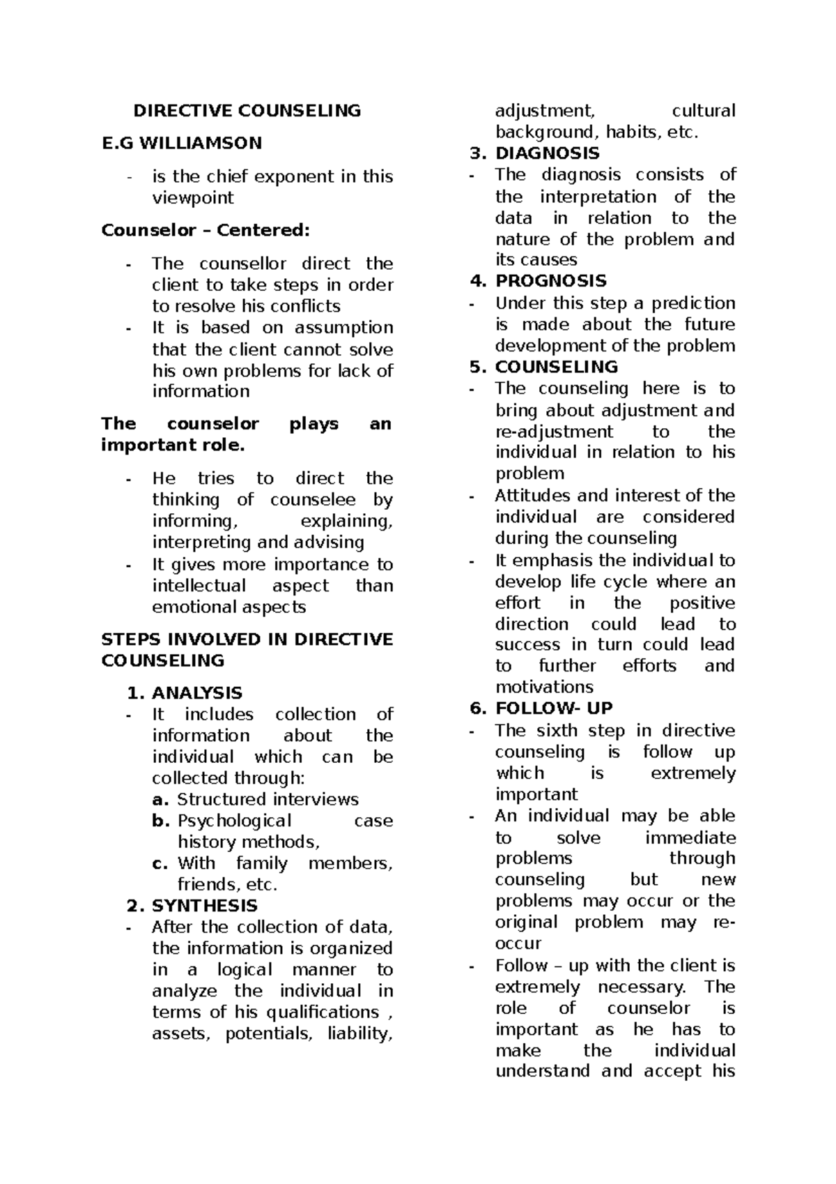 Welcome to Introduction to counselling. These lecture notes are all ...