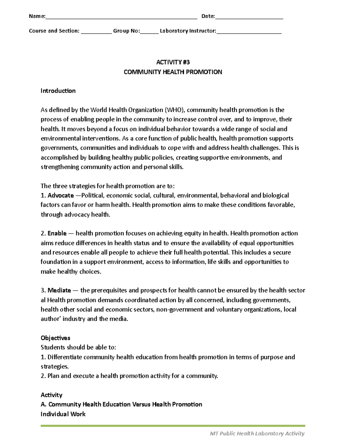 PH Activity 3 Community Health Promotion - Name