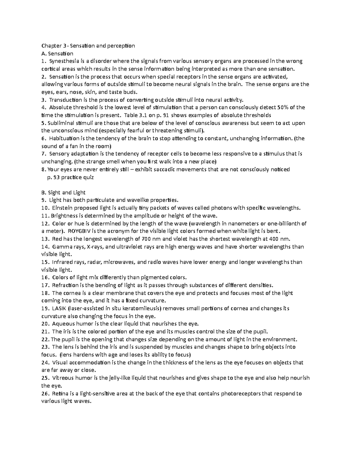 Chapter 3 notes psychology-6 - Chapter 3- Sensaion and percepion A ...
