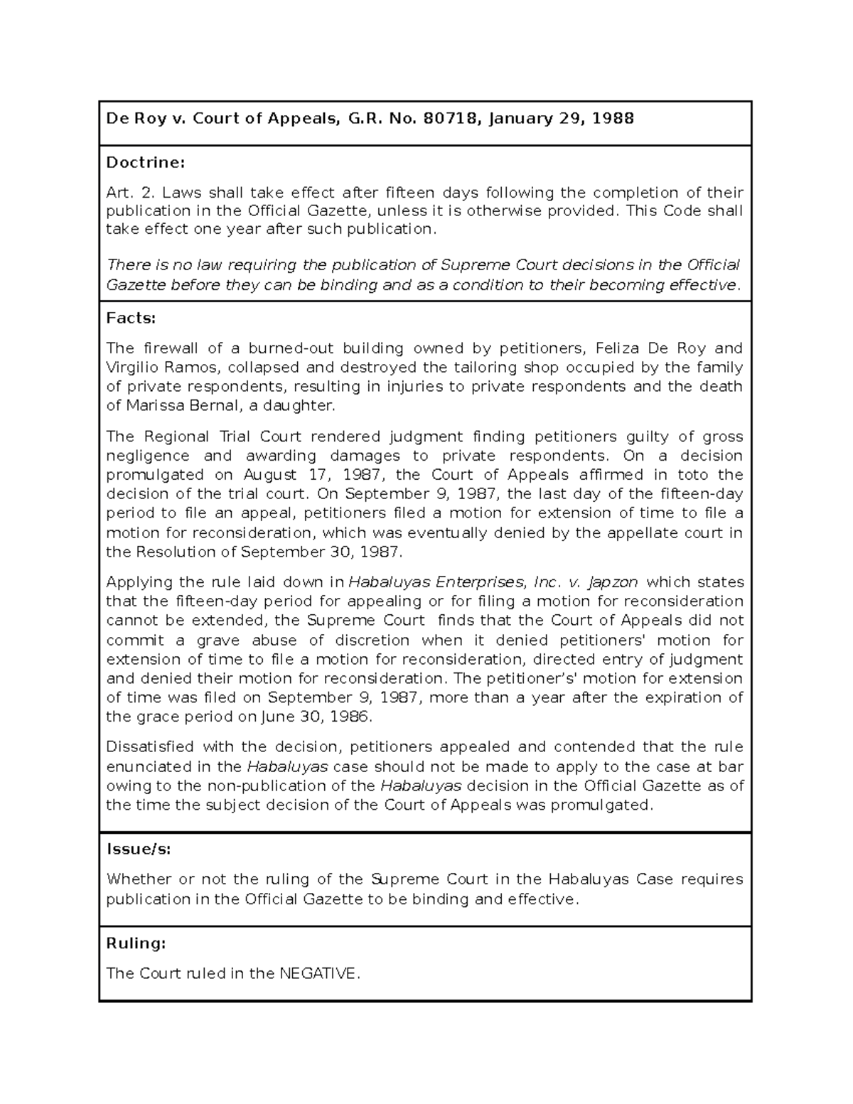 Chapter 1 Effectivity of Laws - De Roy v. Court of Appeals, G. No ...