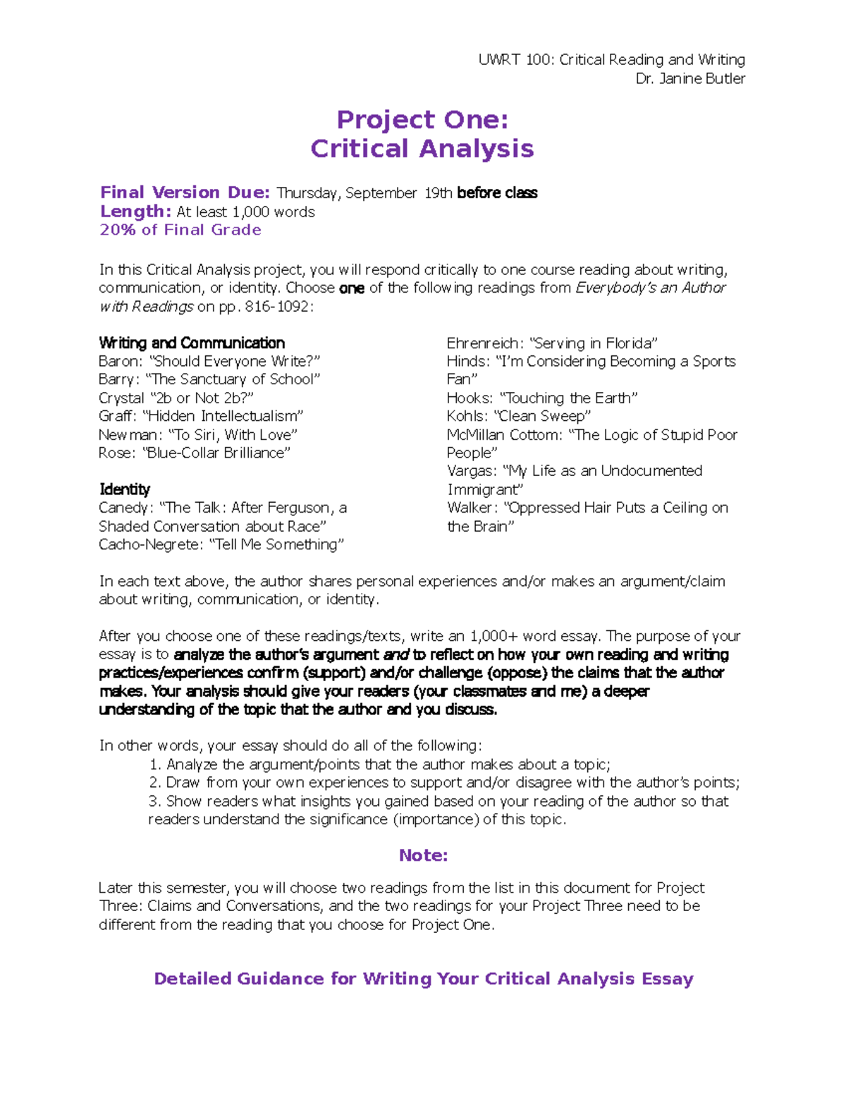 Project One Critical Analysis Fall2019 - UWRT 100: Critical Reading and ...