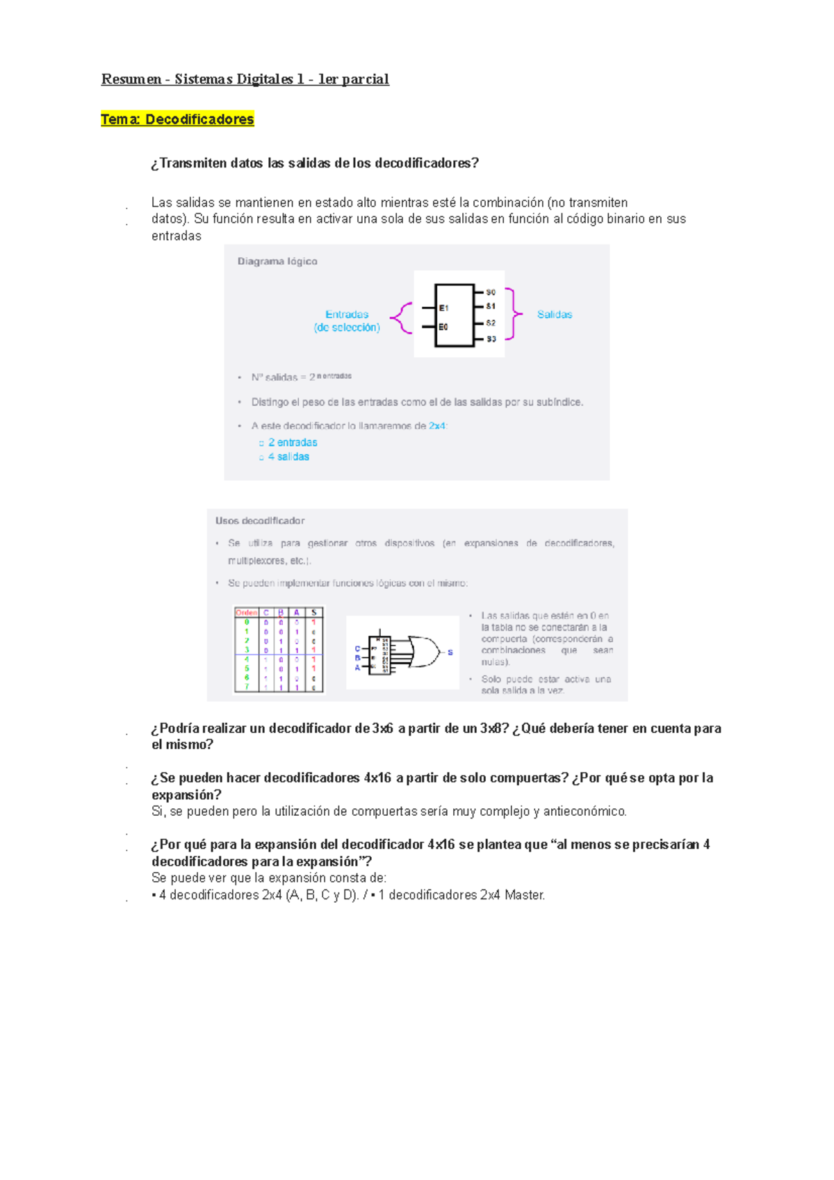 Resumen Parcial 1 - Resumen - Sistemas Digitales 1 - 1er parcial Tema: Decodificadores ...