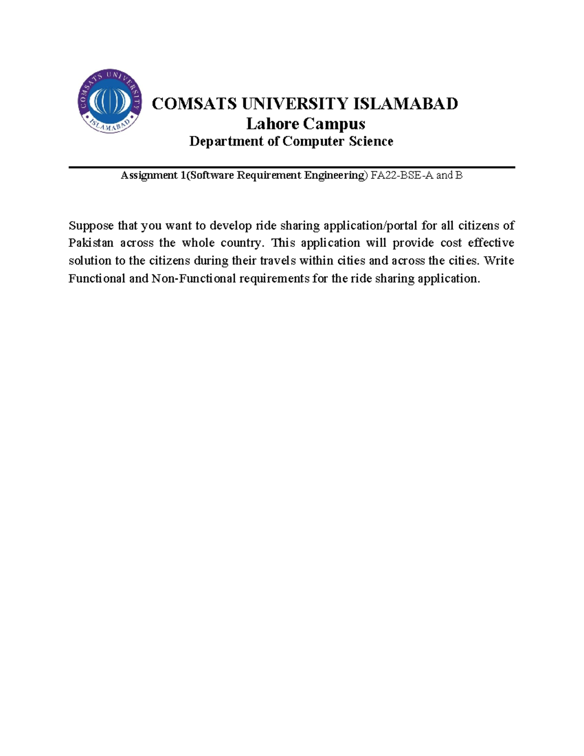 Assignment 1 FA22-BSE - COMSATS UNIVERSITY ISLAMABAD Lahore Campus Department of Computer ...