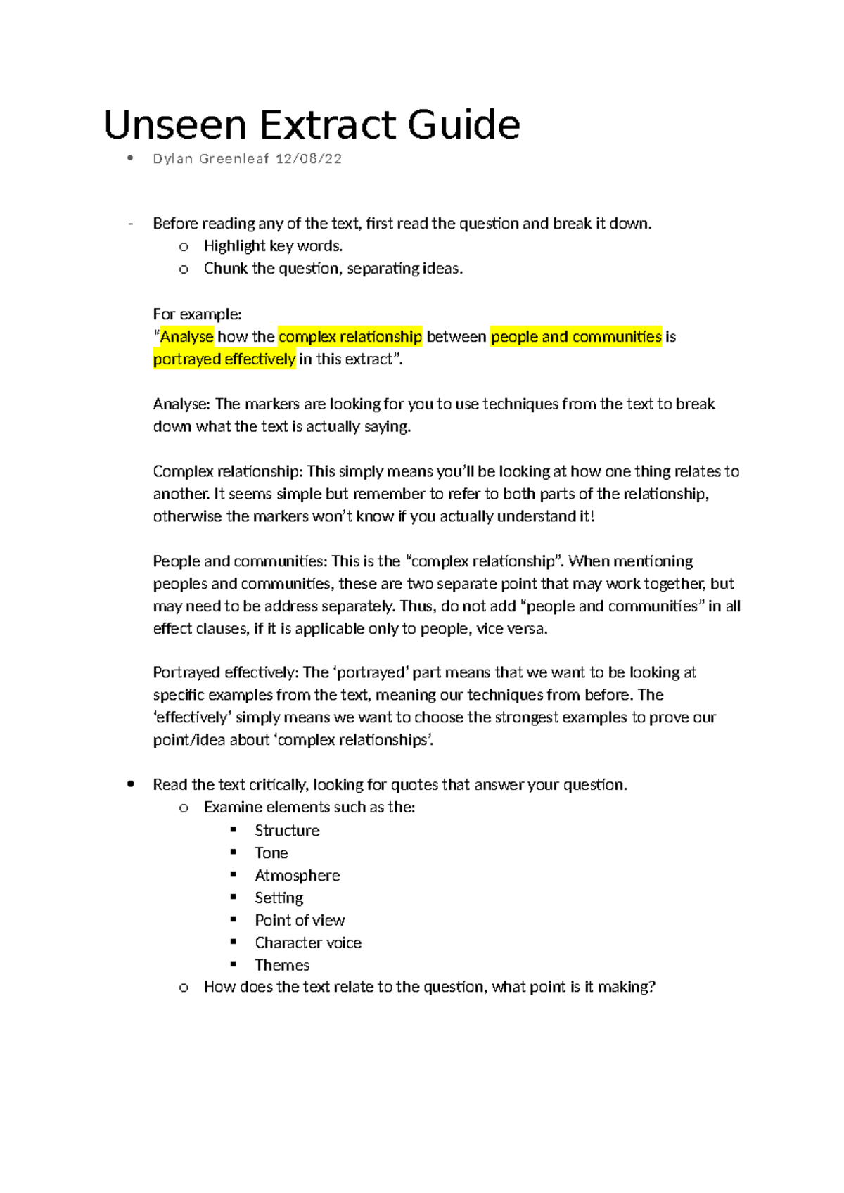 English Unseen Extract Guide - Unseen Extract Guide Dylan Greenleaf 12 ...