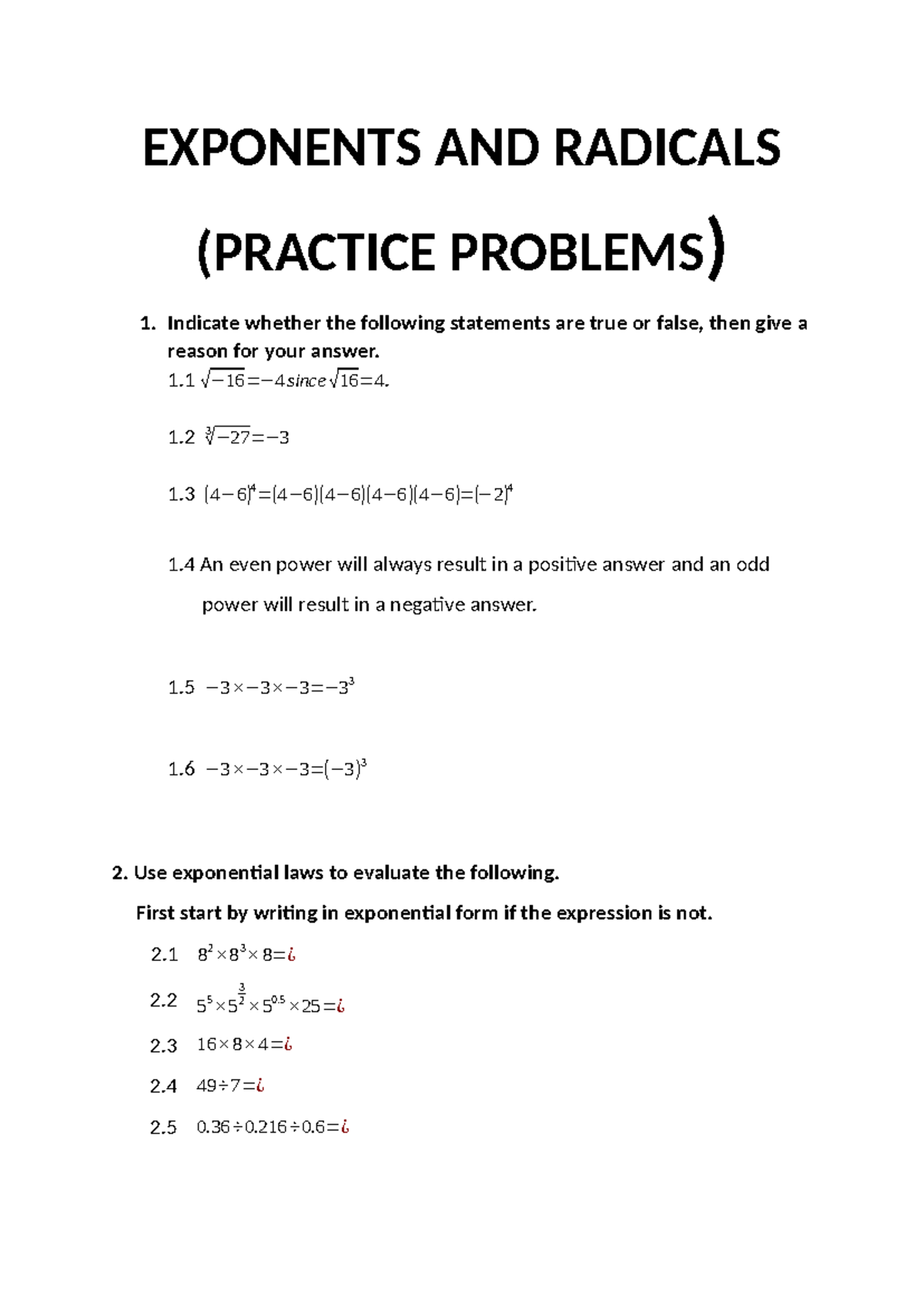 Exponents AND Radical( Practice Problems) - EXPONENTS AND RADICALS ...